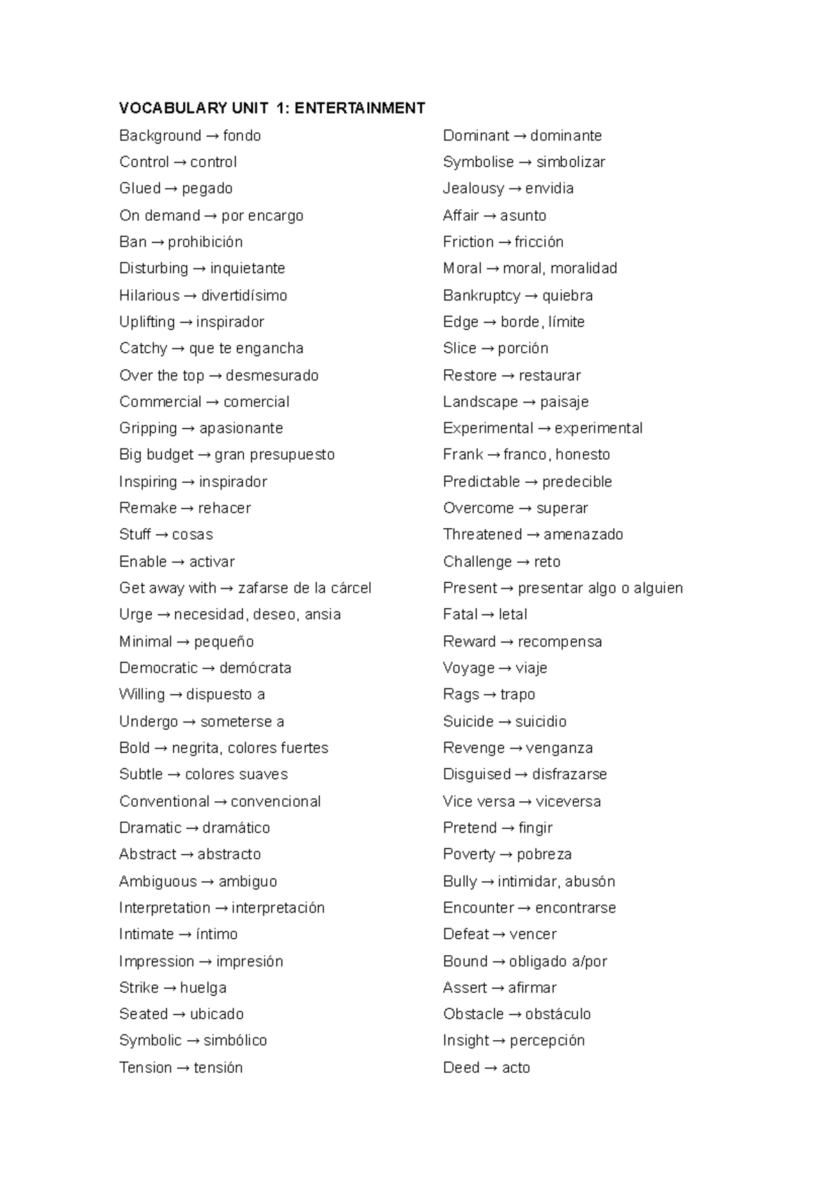 Vocabulary UNIT 1 - Vocabulario de la unidad 1 de 4to curso ...