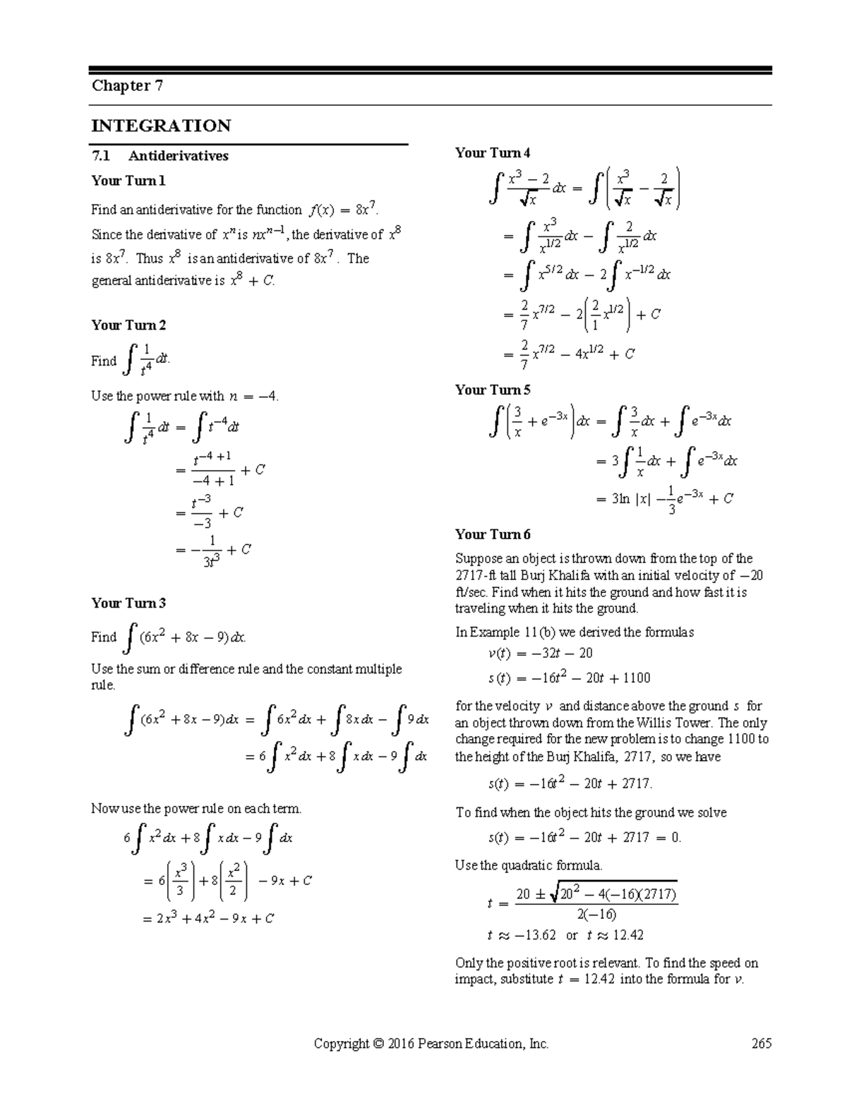 Ch 7 - sil - Chapter 7 INTEGRATION 7 Antiderivatives Your Turn 1 Find ...