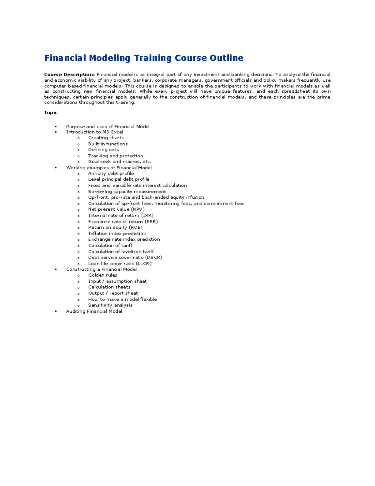 Financial Modelling Training Course Outline - contract Law - Studocu