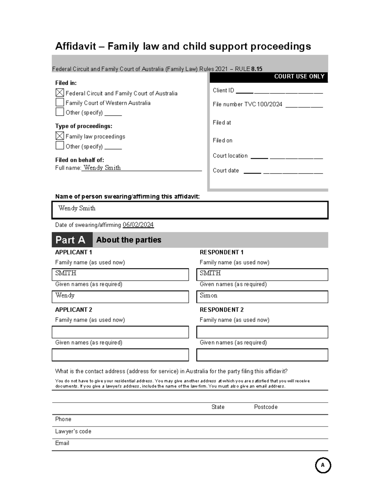 Affidavit of Wendy - A Affidavit – Family law and child support ...