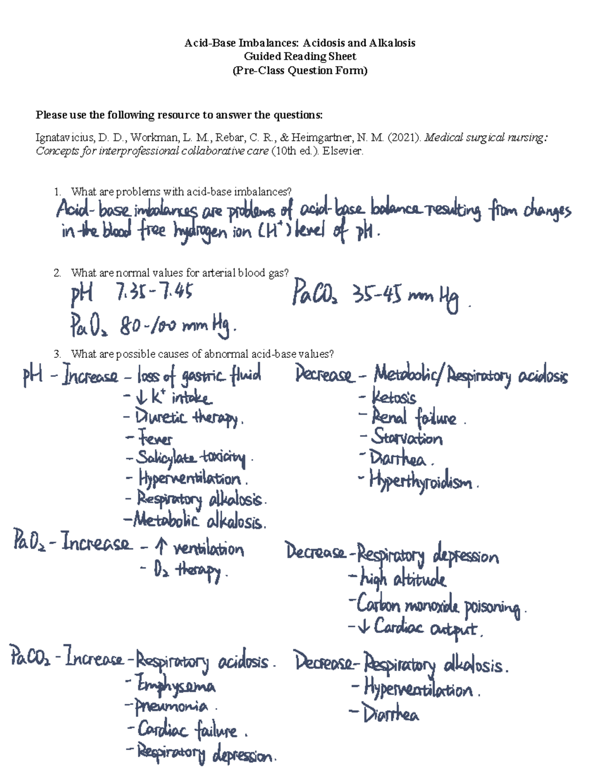 Acidosis Alkalosis Guided Reading Sheet - Acid-Base Imbalances ...