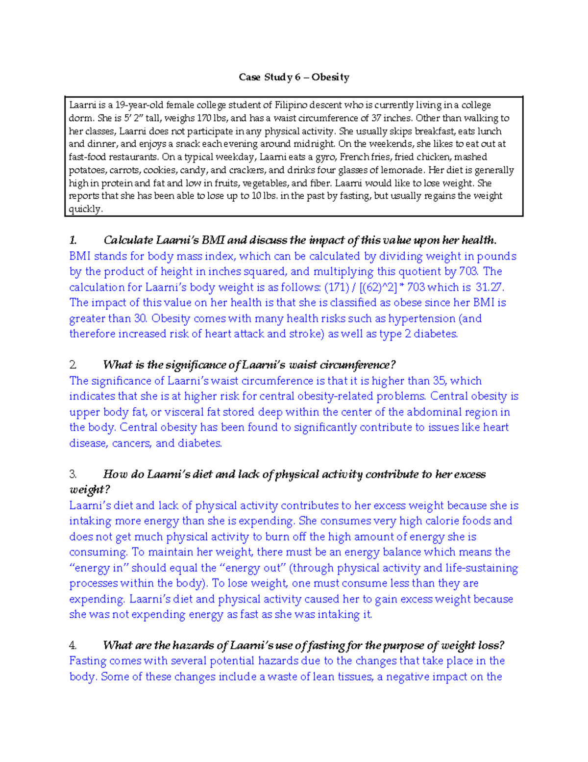 Nutrition Case Study 6.docx - Case Study 6 – Obesity Laarni is a 19 ...