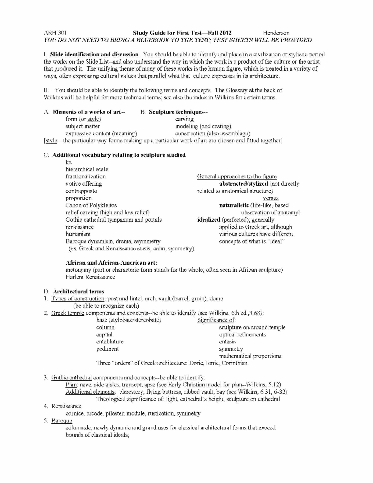 Introduction To Visual Arts: Study Guide for Test - ARH 301 - Studocu
