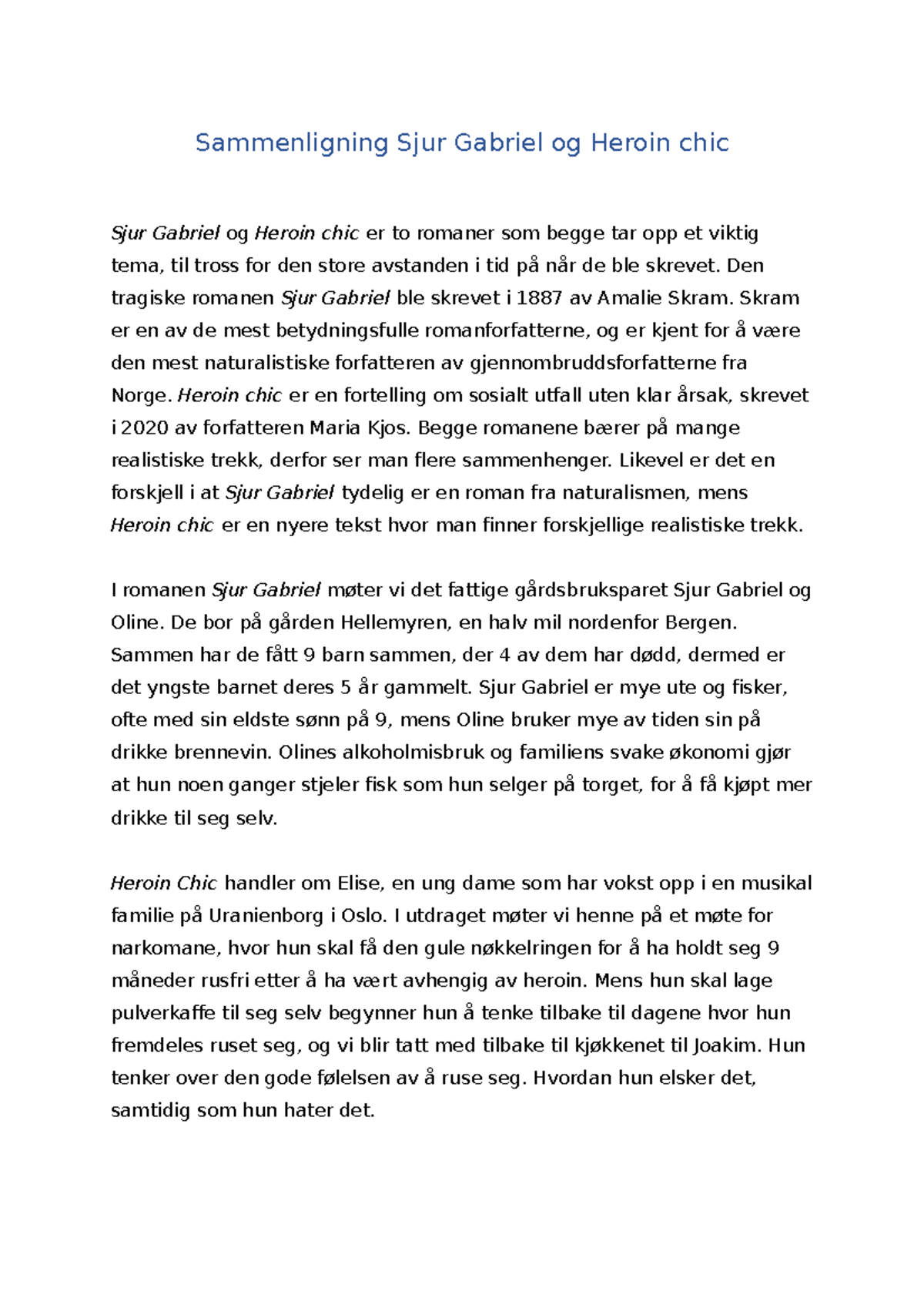 Sammenligning Sjur Gabriel og Heroin chic - Den tragiske romanen Sjur ...