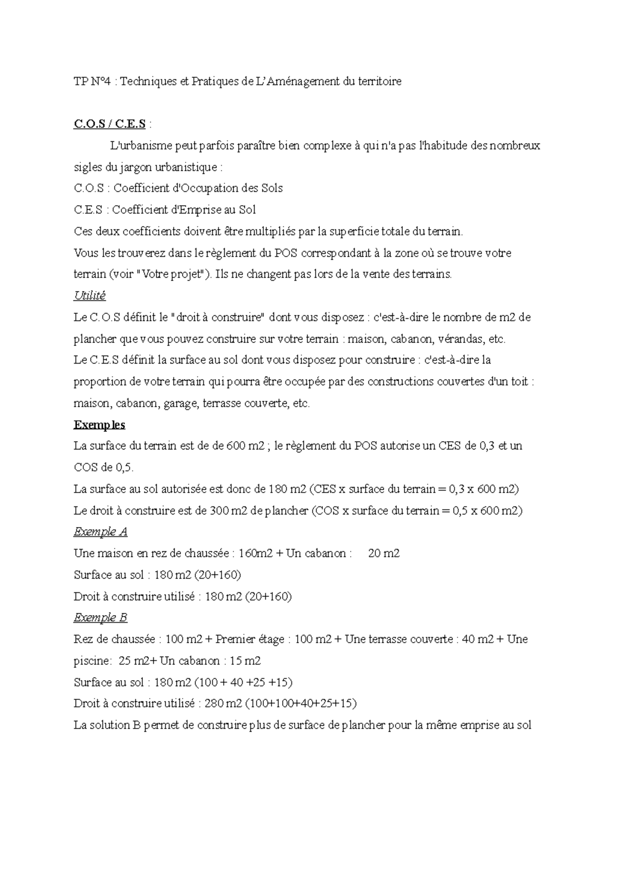 TP N 4 - Cours détaillé en module de techniques et pratiques d'aménagement du territoire - TP N ...