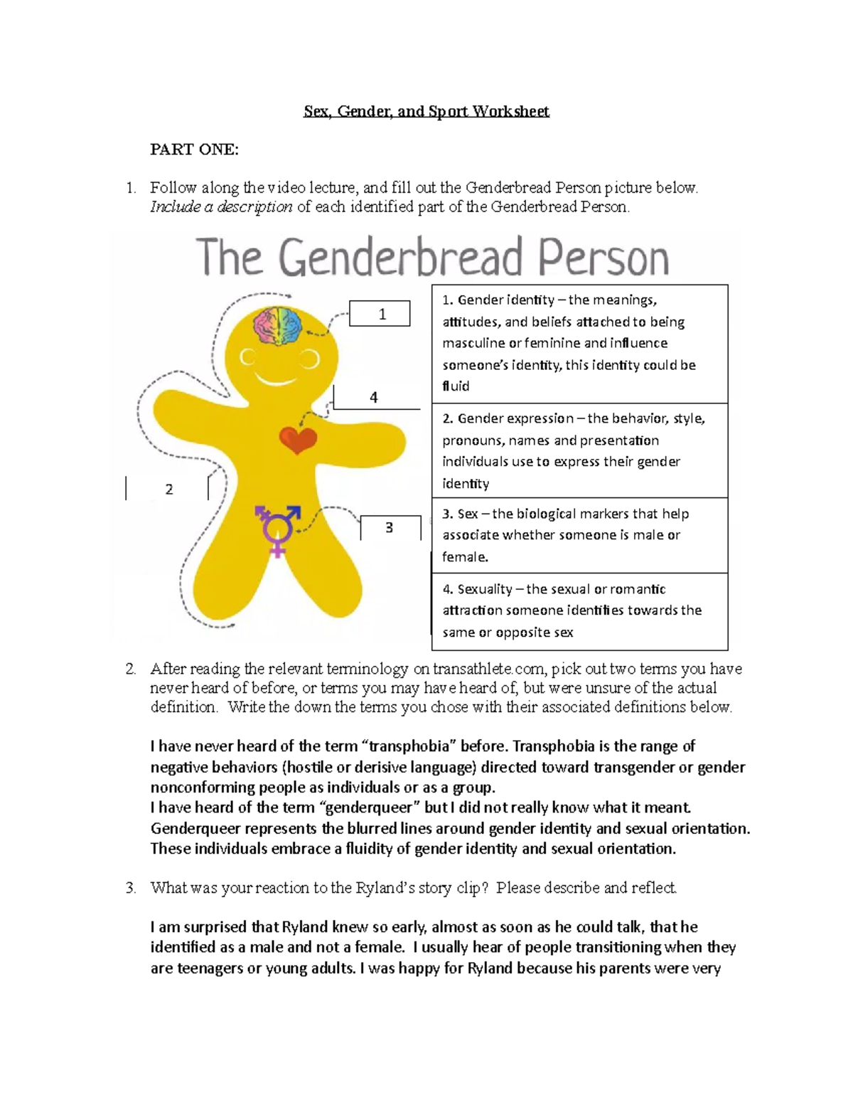 Gender Sex Sport Worksheet - Sex, Gender, and Sport Worksheet PART ONE ...