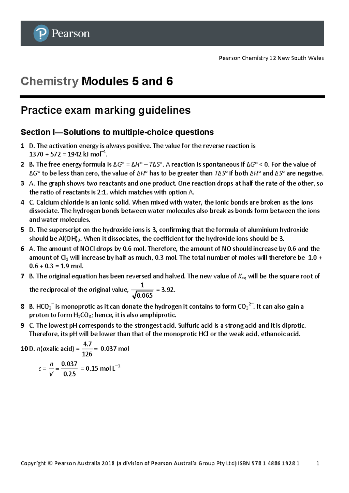 Chem Mod 5 & 6 Practice Exam Marking from Pearson - Pearson Chemistry ...