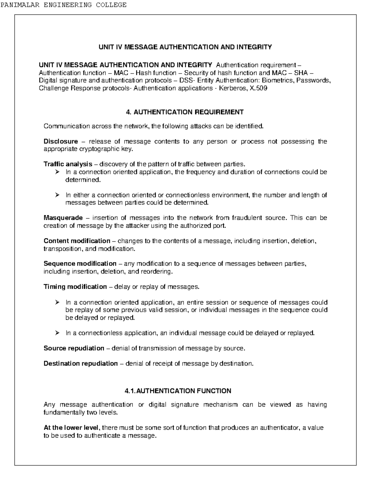 CNS UNIT 4 - asvasvasv - UNIT IV MESSAGE AUTHENTICATION AND INTEGRITY UNIT IV MESSAGE ...