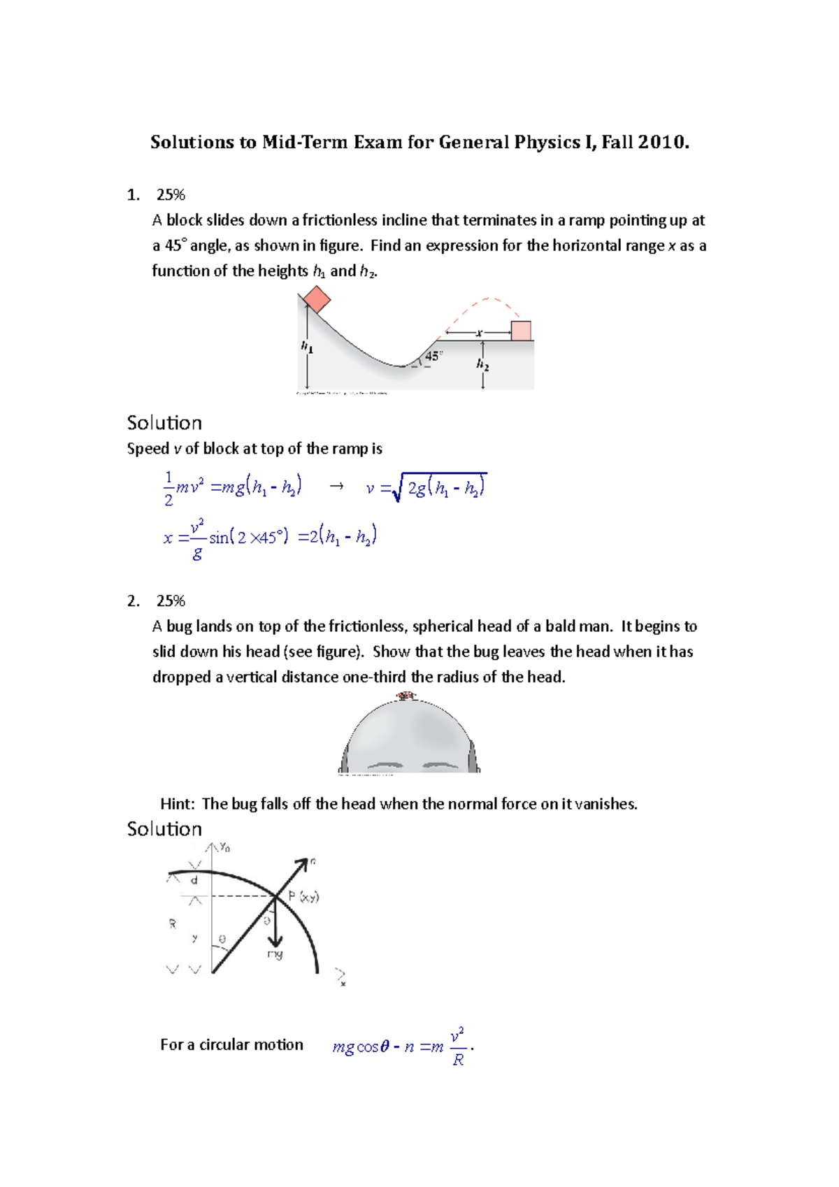 Physics Mid Term 1 - Solutions to Mid-Term Exam for General Physics I ...
