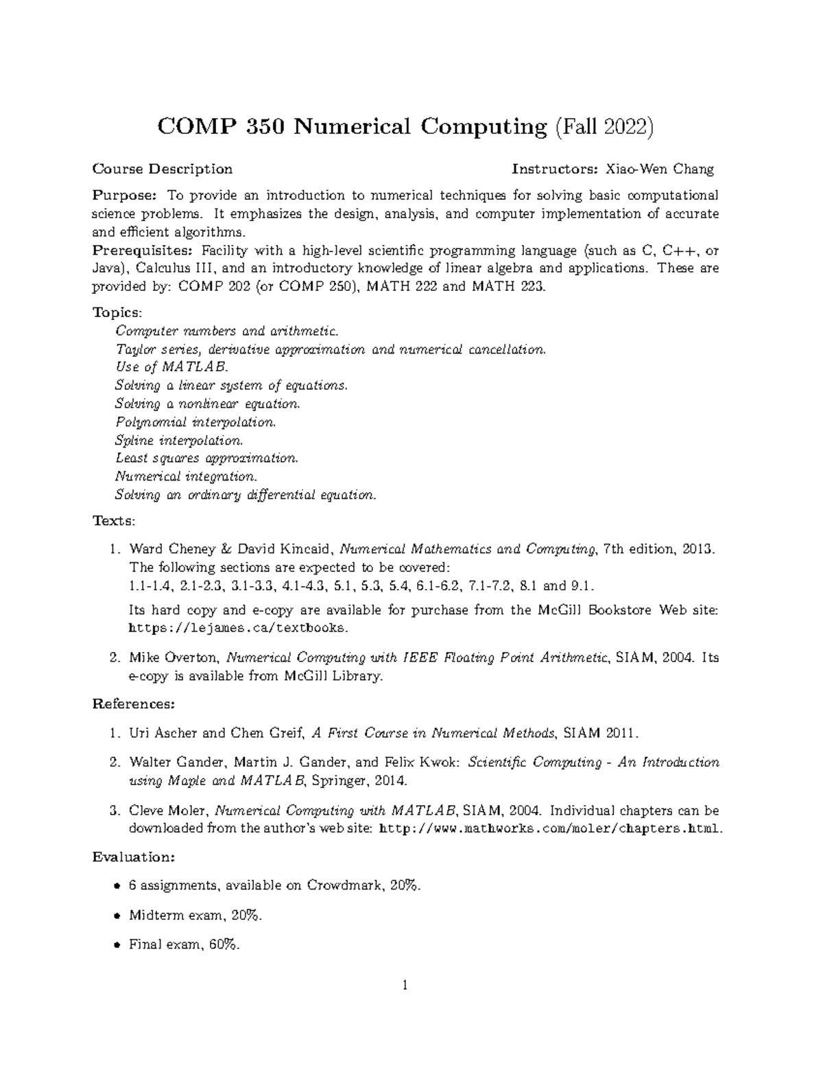 Outline 2022 - syllabus - COMP 350 Numerical Computing(Fall 2022) Course Description - Studocu