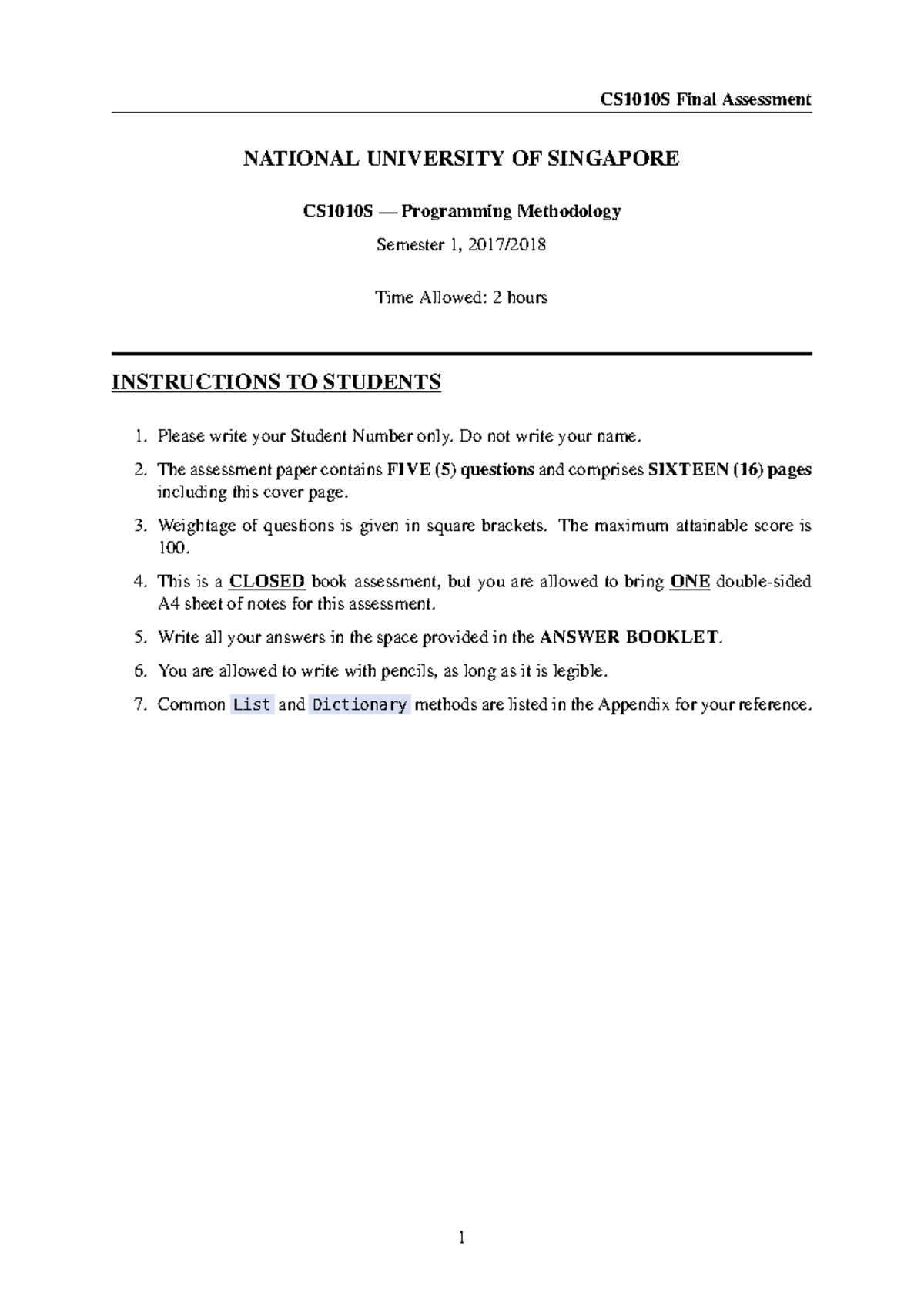 2017 Nov - CS1010S Finals - NATIONAL UNIVERSITY OF SINGAPORE CS1010S — Programming Methodology ...