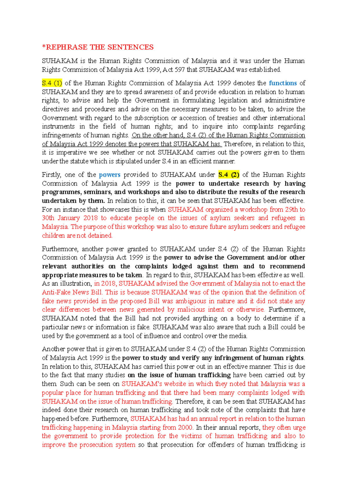 Powers AND Functions OF Suhakam - *REPHRASE THE SENTENCES SUHAKAM is ...