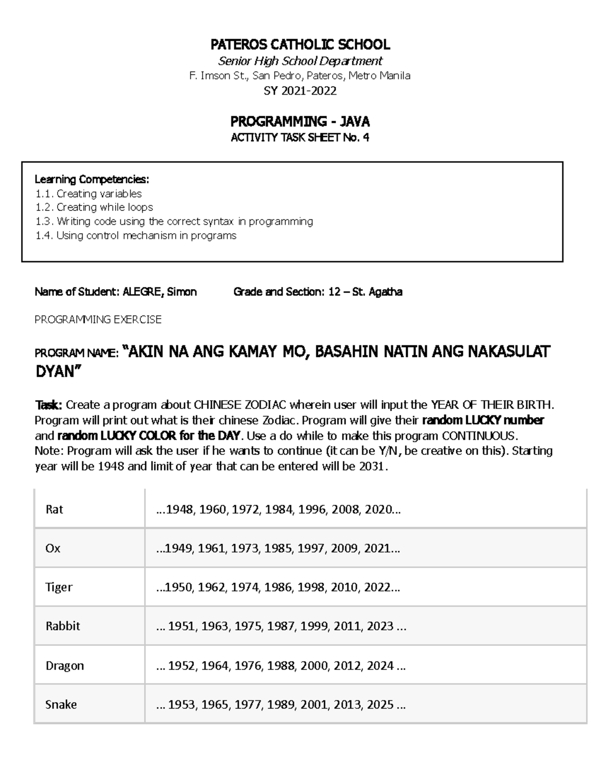 Activity Sheet 4 - JAVA - Its effective for students from grade 11 - 12 ...