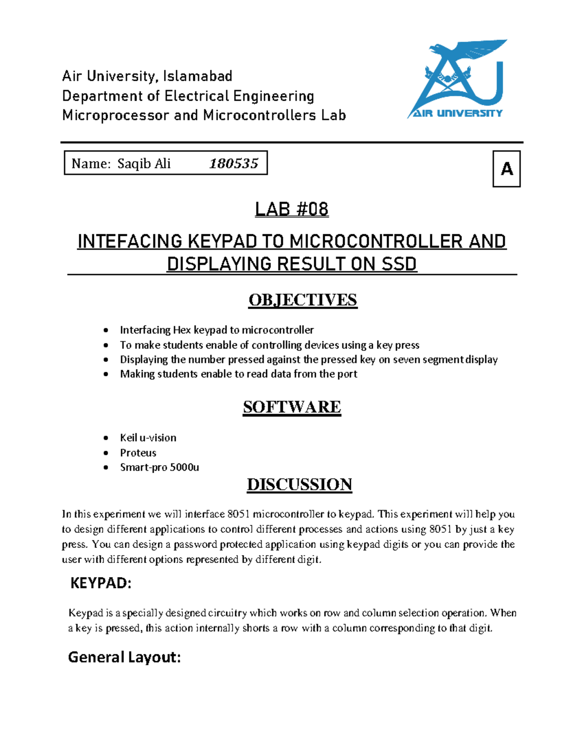 Microprocessor and Microcontrollers Lab - Name: Saqib Ali 180535 A Air ...