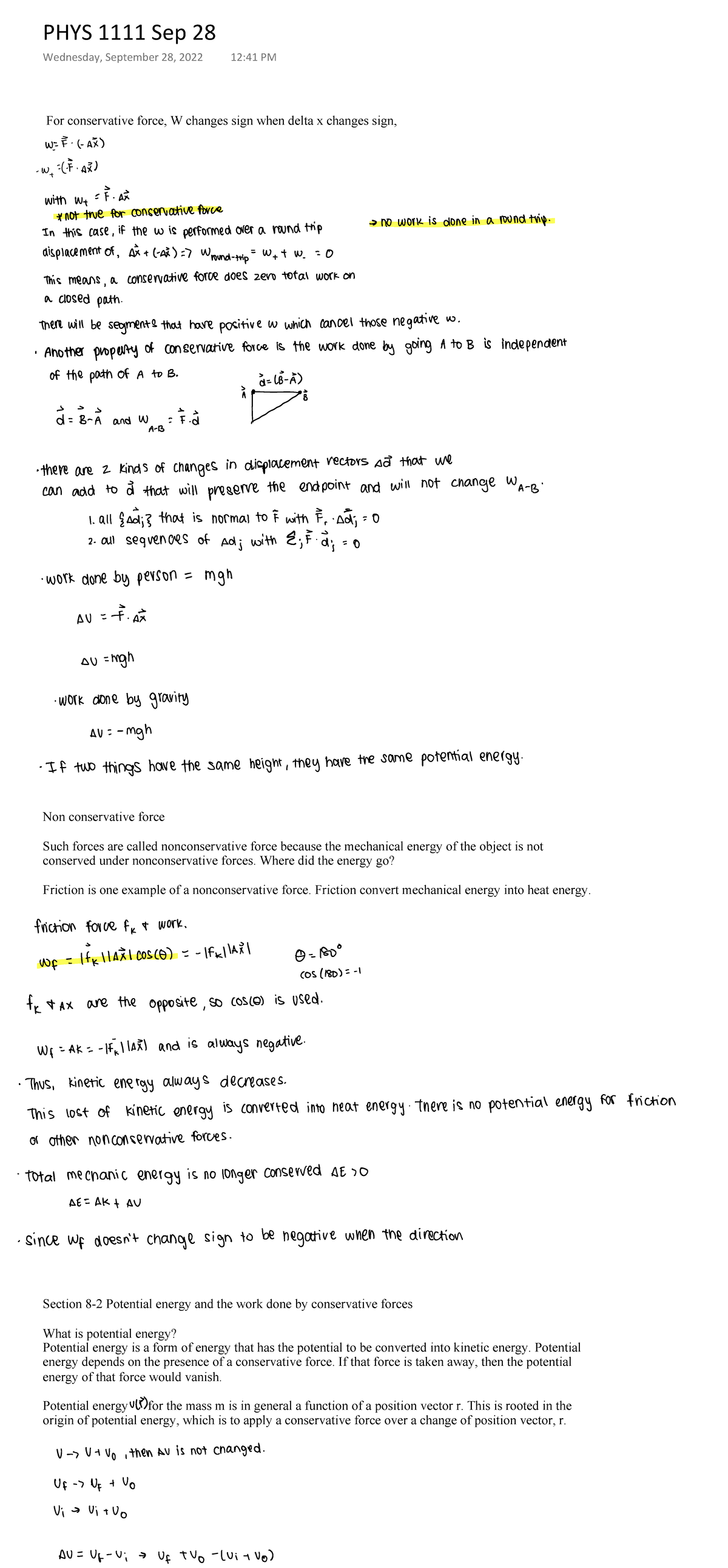 PHYS 1111 Sep 28 - KK Mon - For conservative force, W changes sign when delta x changes sign ...