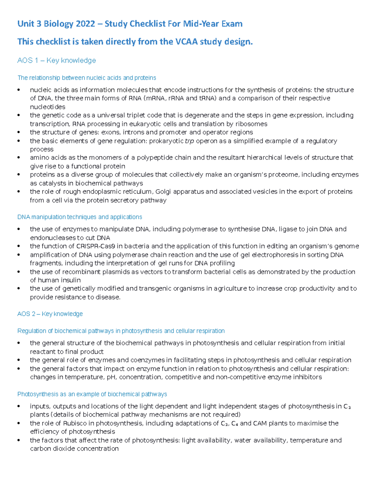 Unit 3 Biology 2022 Revision Checklist - Unit 3 Biology 2022 – Study ...