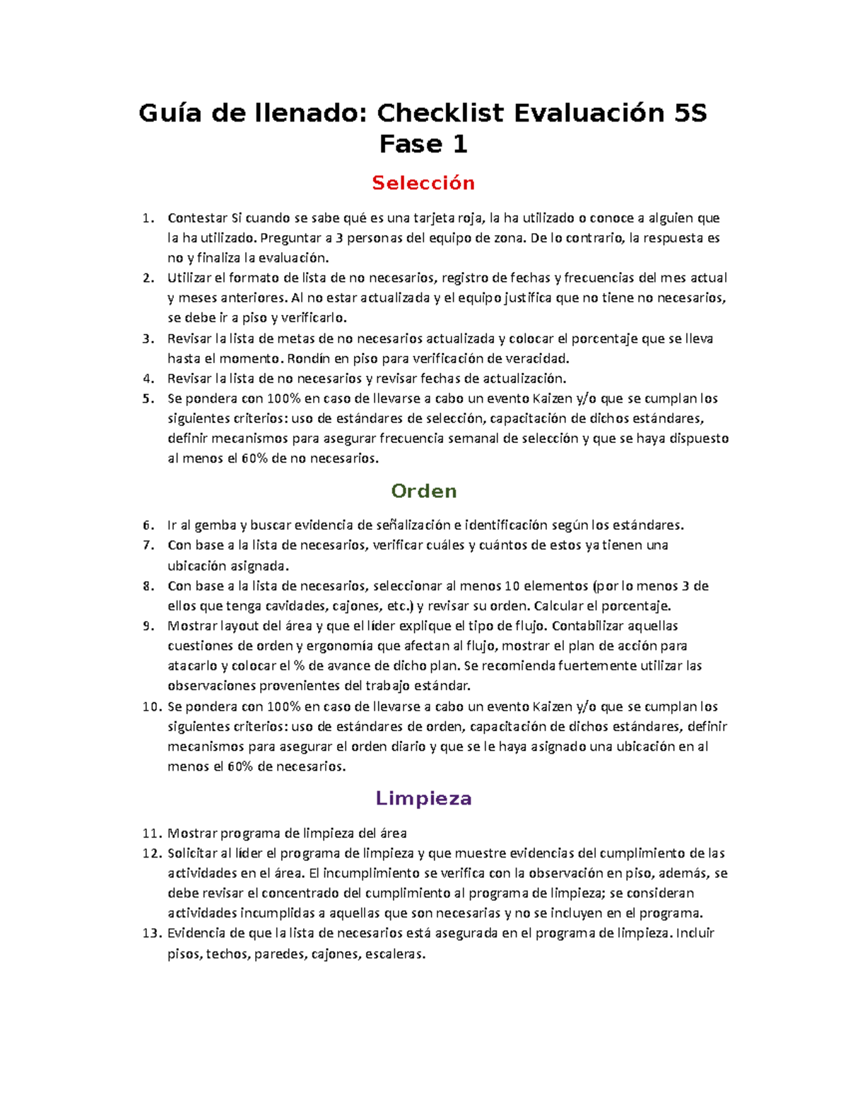 Guía de llenado Checklist Evaluación 5S Fase 1 - Guía de llenado ...