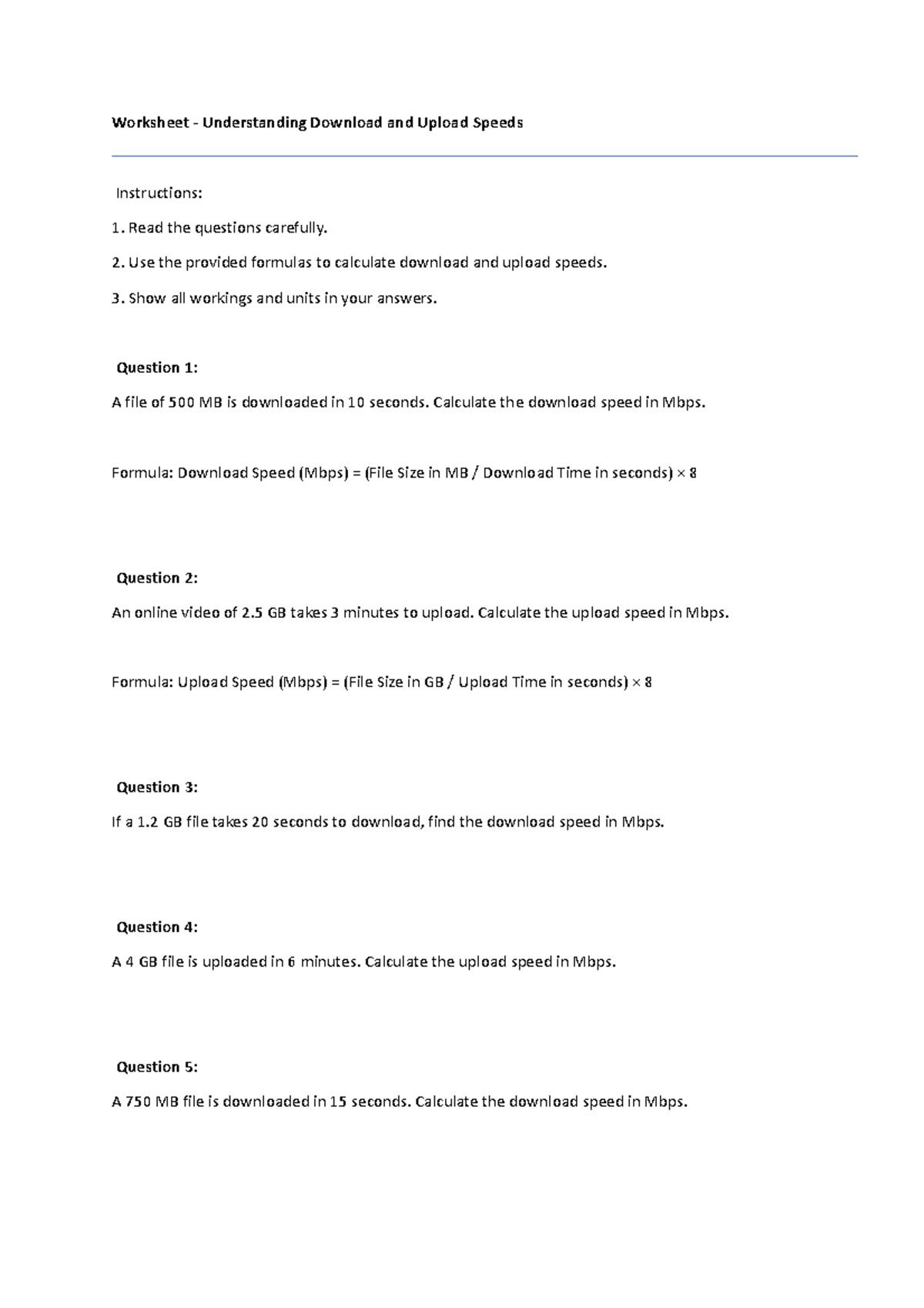 Data upload and download speeds - Worksheet - Understanding Download ...