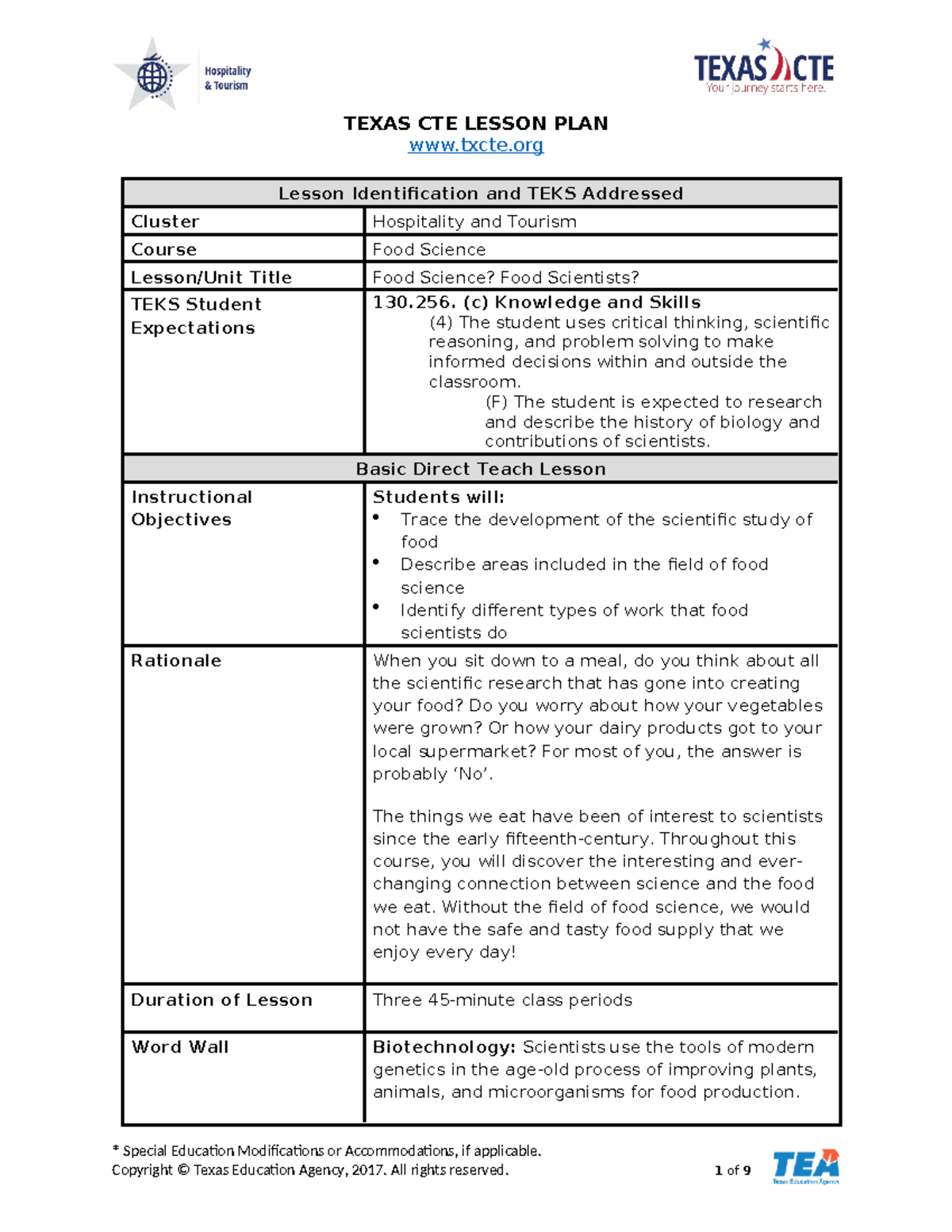 Lesson Plan Food Science Food Scientists 10 0 0 2 - TEXAS CTE LESSON ...