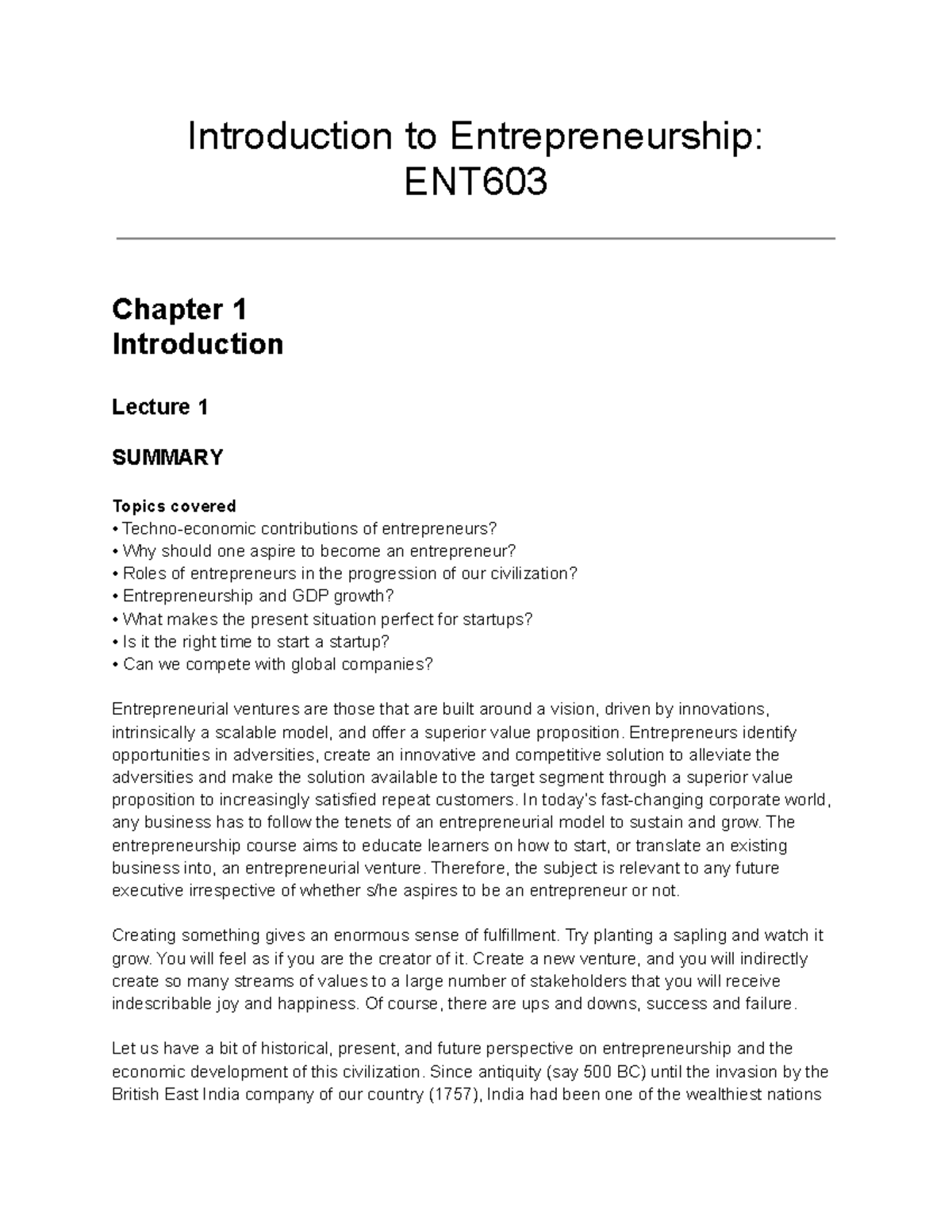 L1 Introduction - Lecture notes 1 - Introduction to Entrepreneurship ...