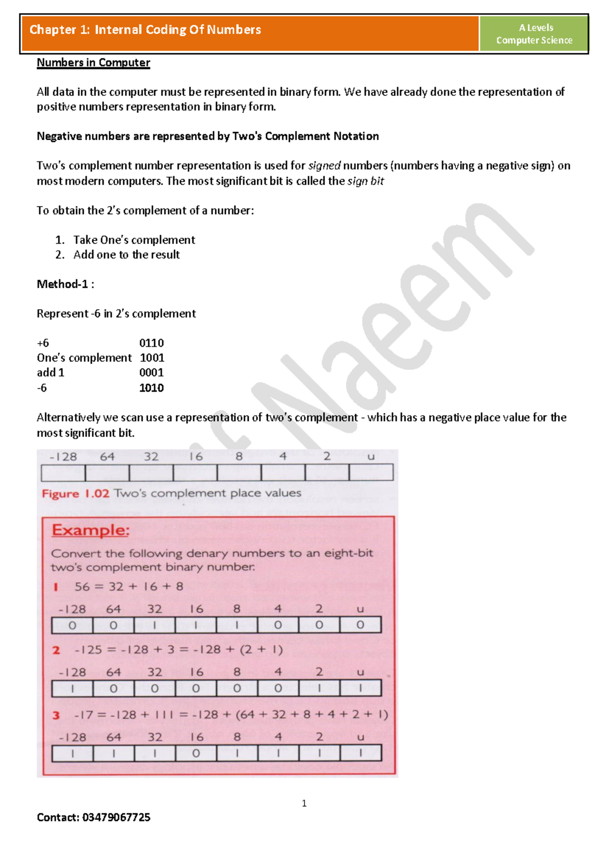 Two's Compliment - 1 Contact: 03479067725 Chapter 1: Internal Coding Of Numbers A Levels ...