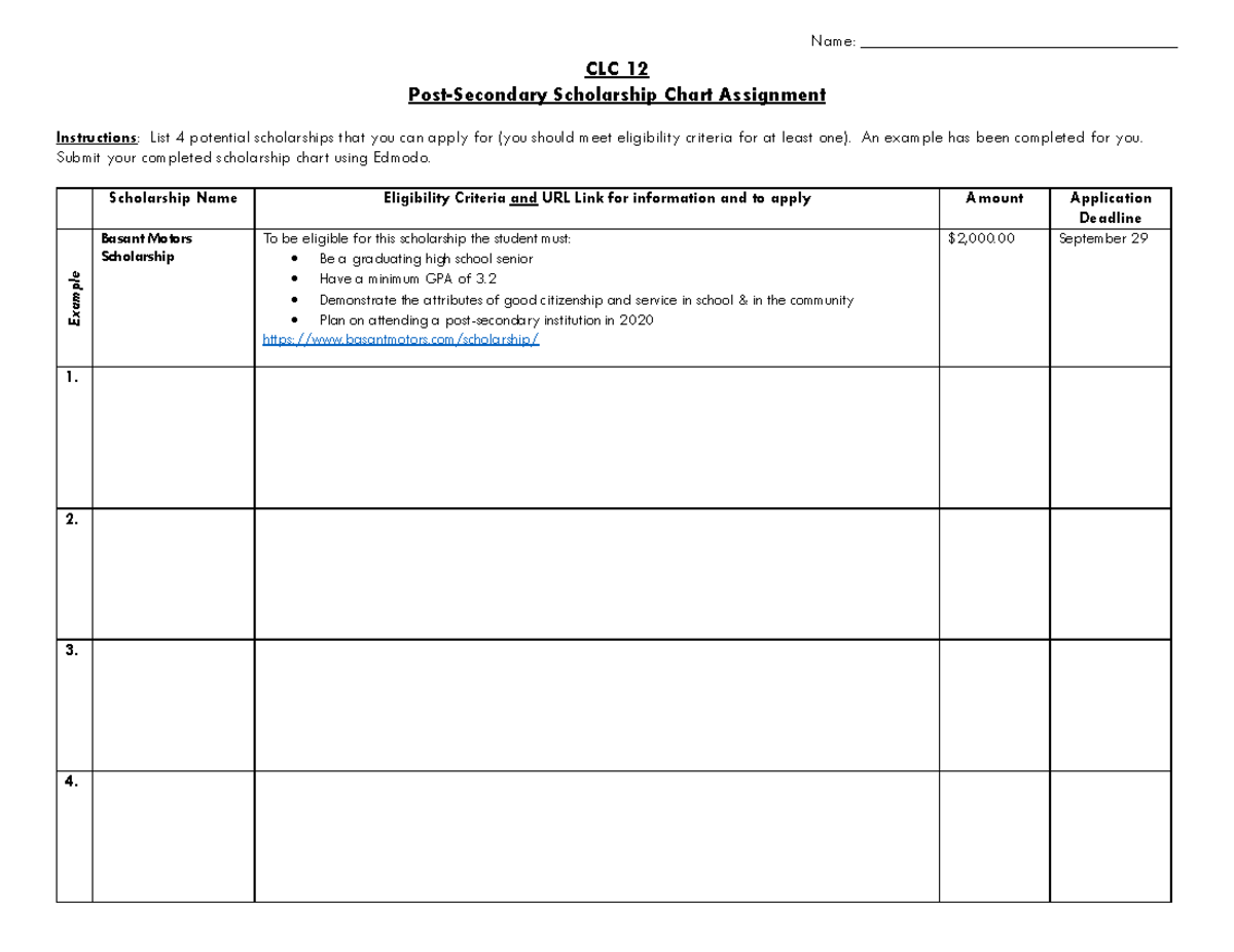 CLC 12 - Scholarship Assignment Fillable PDF - Name