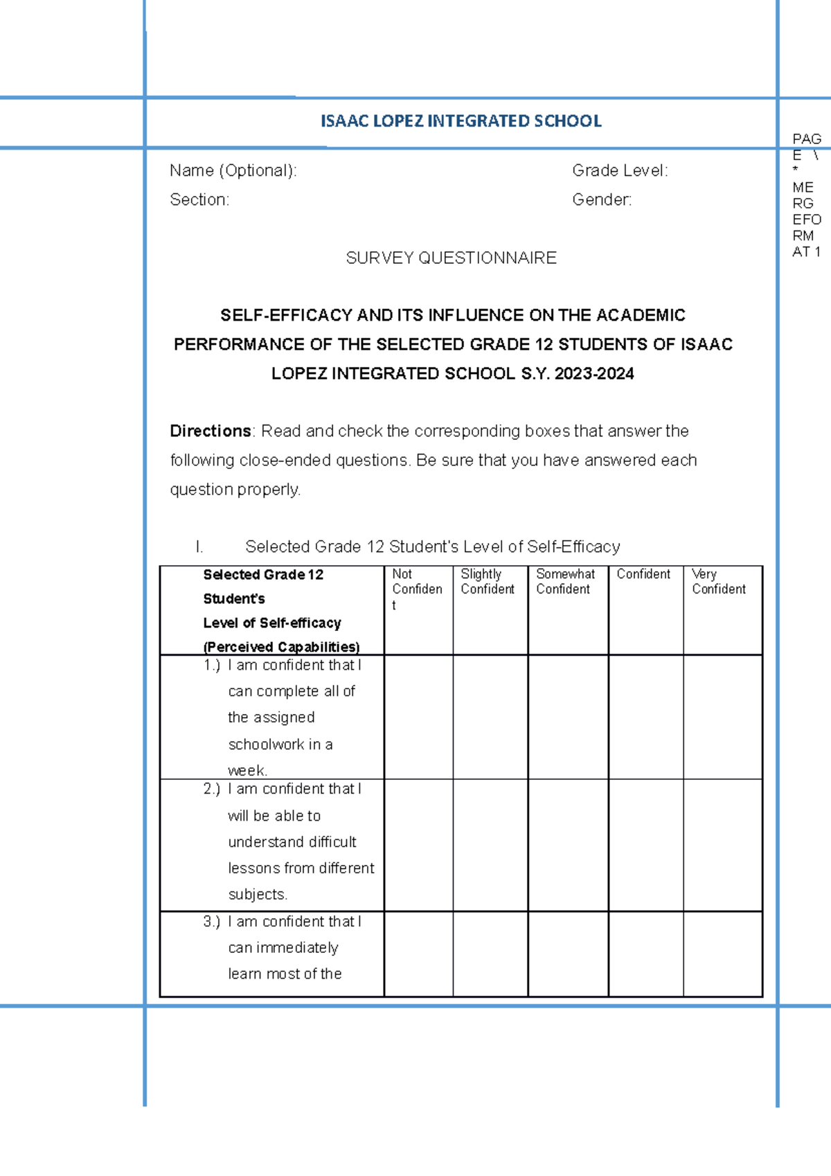 Survey- Questionnaire- Selfefficacy - PAG E \ * ME RG EFO RM AT 1 Name ...