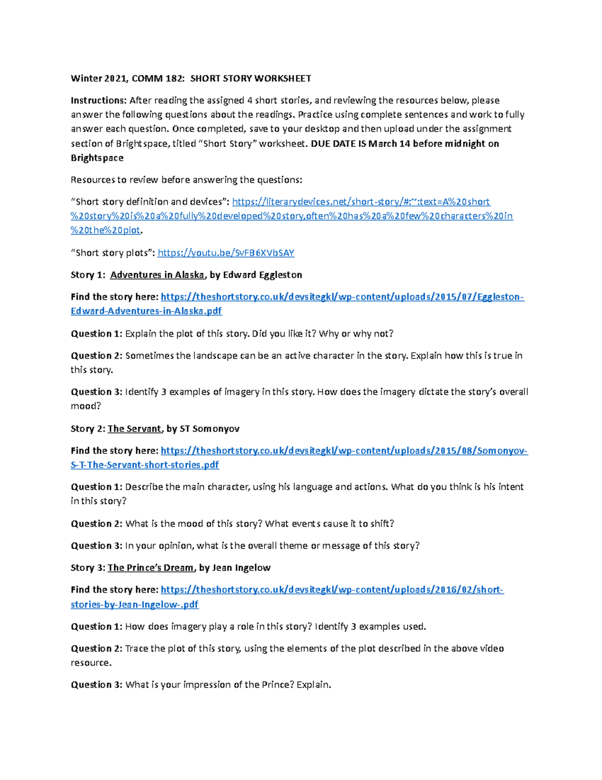 Short Story Worksheet - Winter 2021, COMM 182: SHORT STORY WORKSHEET ...