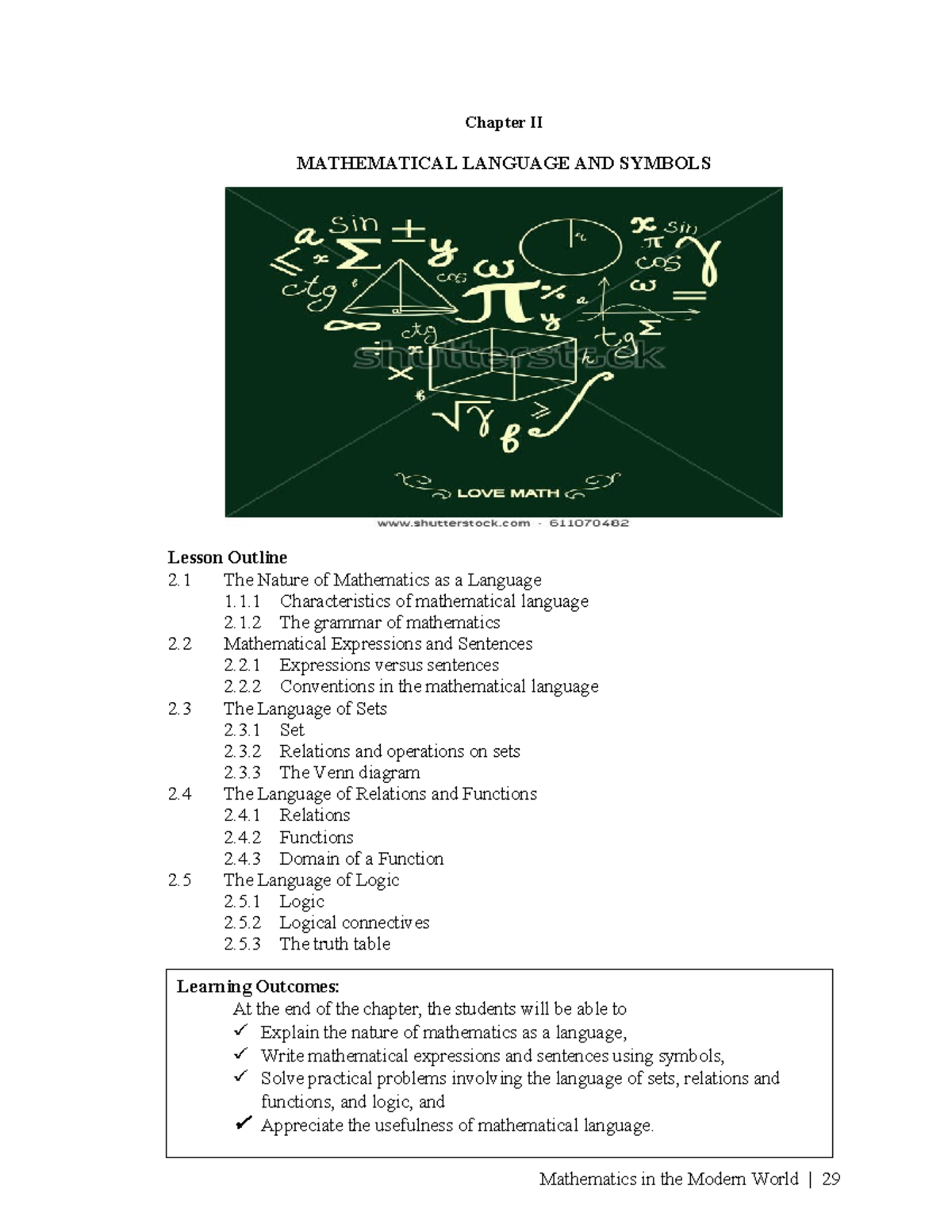 Chap 2 no quiz - Notes - Chapter II MATHEMATICAL LANGUAGE AND SYMBOLS ...