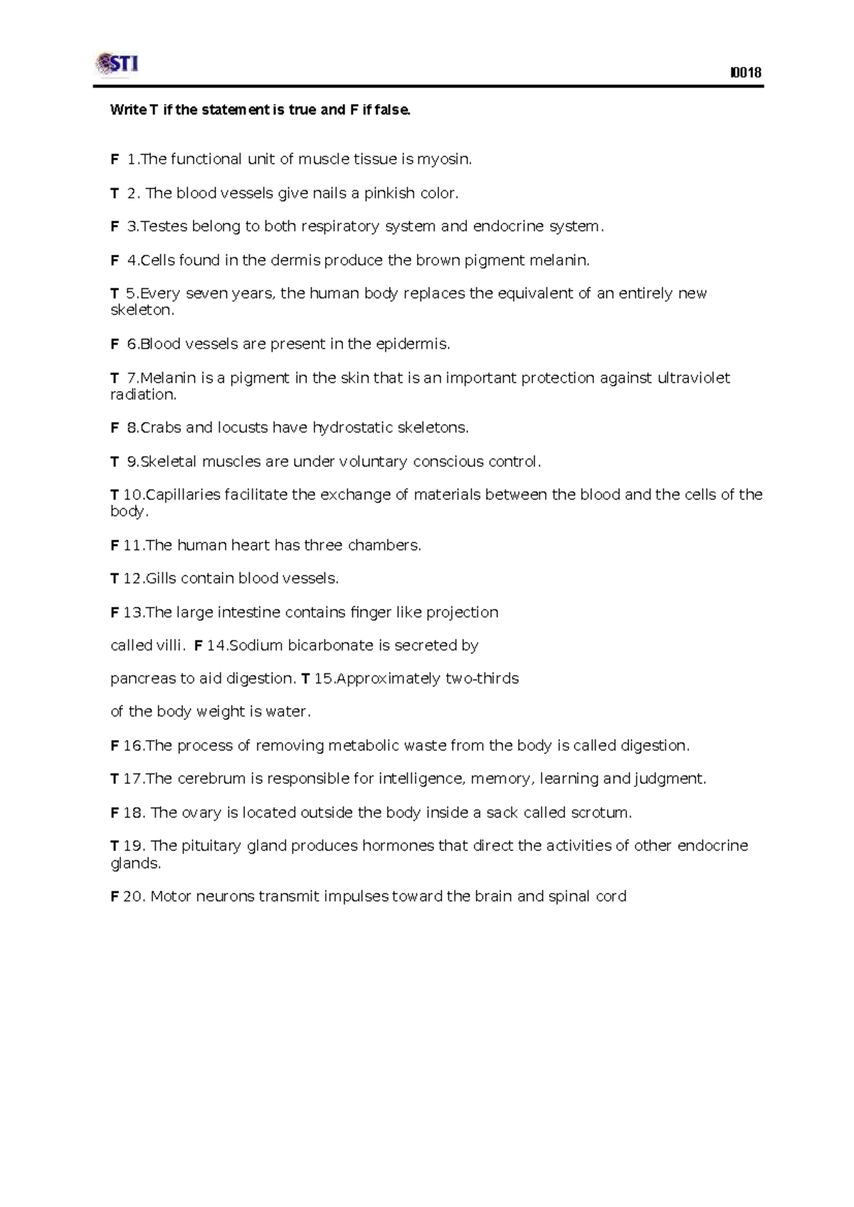 06 Quiz 1 Answer Key - I Write T if the statement is true and F if ...