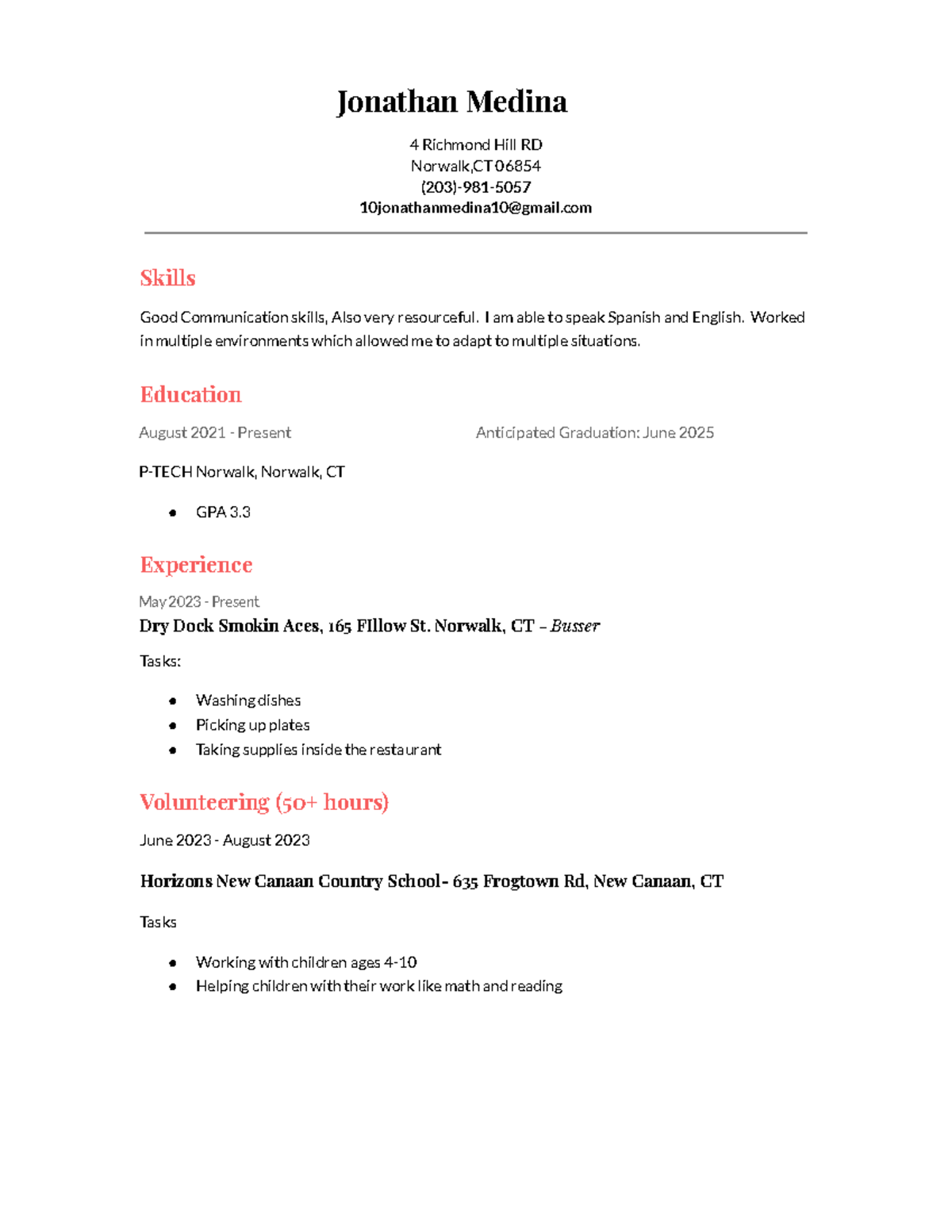 Jonathan Medina Resume 2024 - Jonathan Medina 4 Richmond Hill RD ...