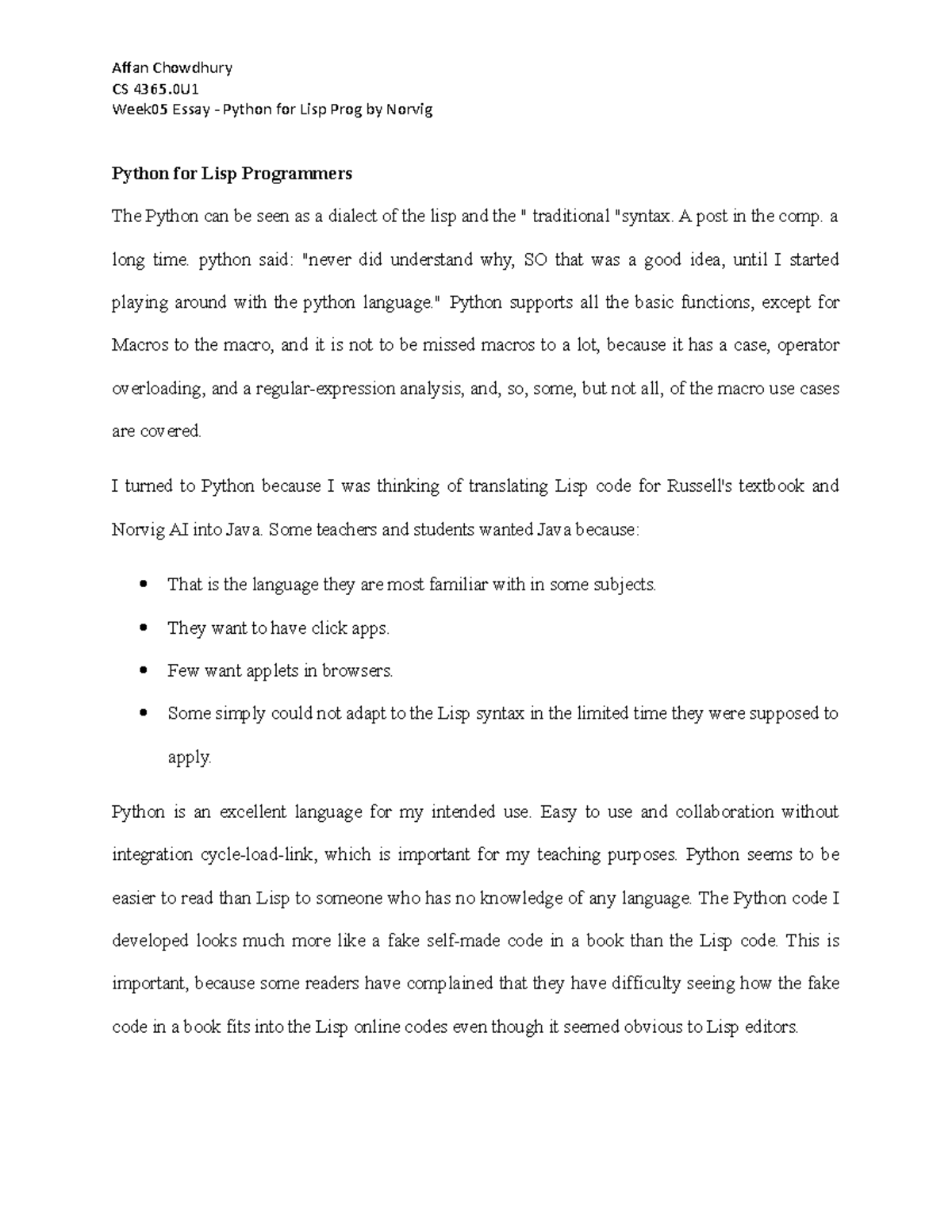Week05 Essay - Python for Lisp Prog by Norvig - Affan ChowdhuryCS 4365 Week05 Essay - Python for ...