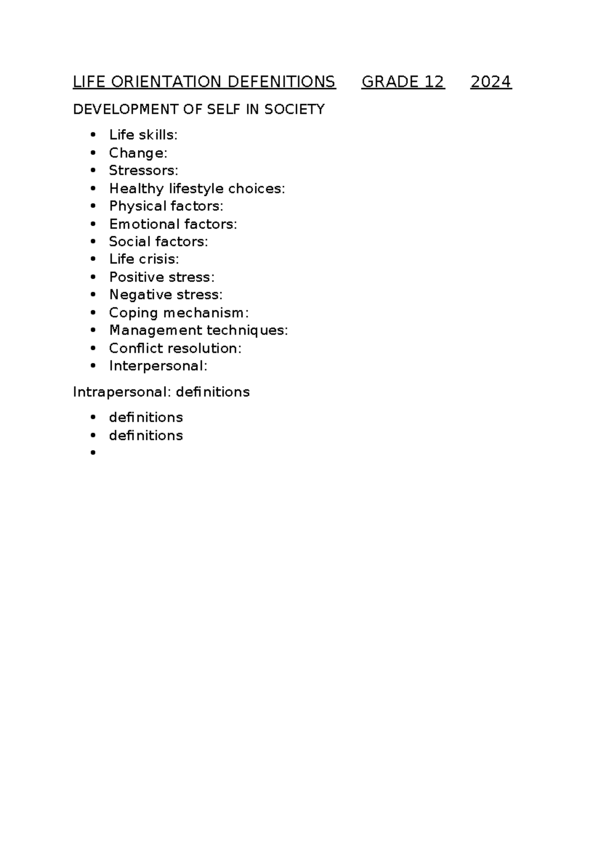 4th - life orientation - LIFE ORIENTATION DEFENITIONS GRADE 12 2024 ...
