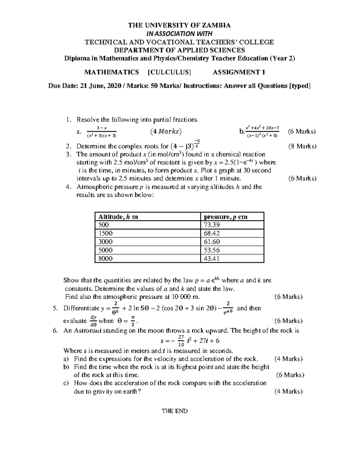 Mathematics Assignment 1 - THE UNIVERSITY OF ZAMBIA IN ASSOCIATION WITH TECHNICAL AND VOCATIONAL ...