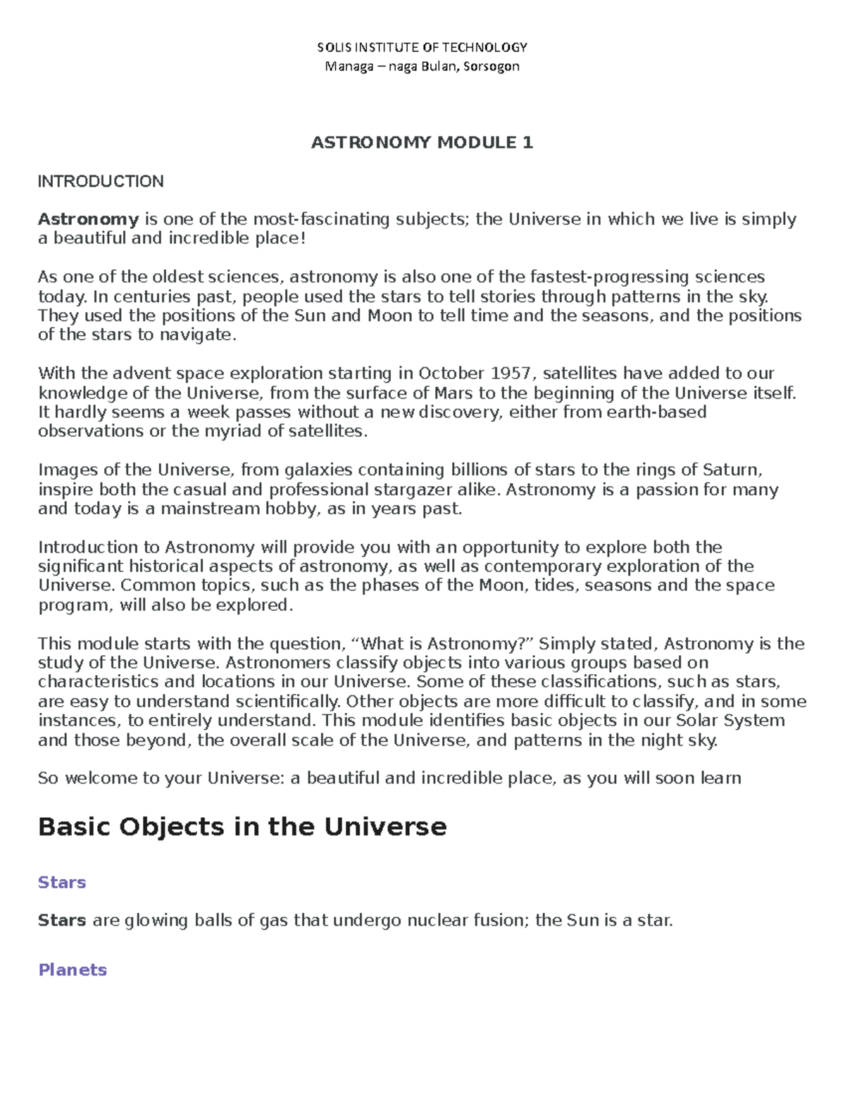 Astronomy Module 1 - SOLIS INSTITUTE OF TECHNOLOGY Managa – naga Bulan, Sorsogon ASTRONOMY ...