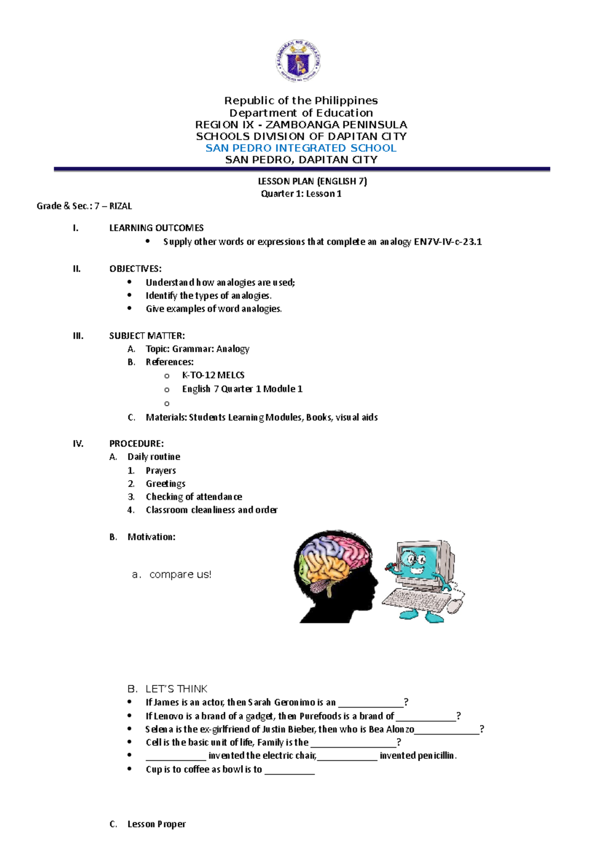 ENG7 Q1 M1 - Lesson Plan - Republic of the Philippines Department of ...