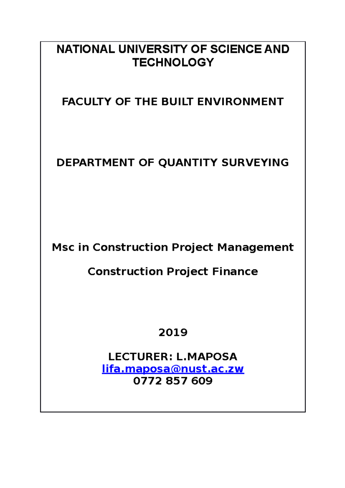 Construction Project Finance Module 2019 Latest 2111 - NATIONAL ...