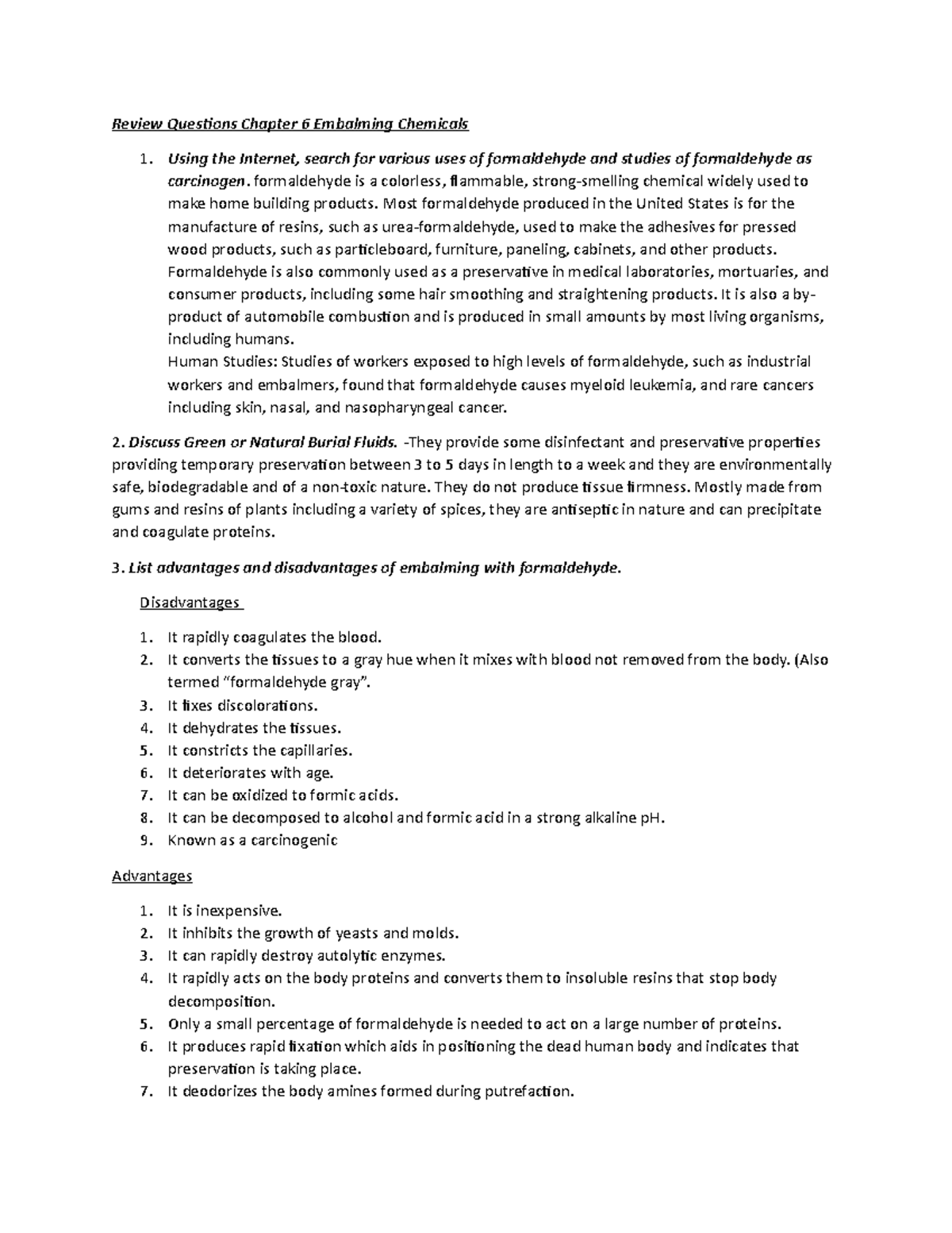 Review Questions Chapter 6 Embalming Chemicals - Review Questions ...
