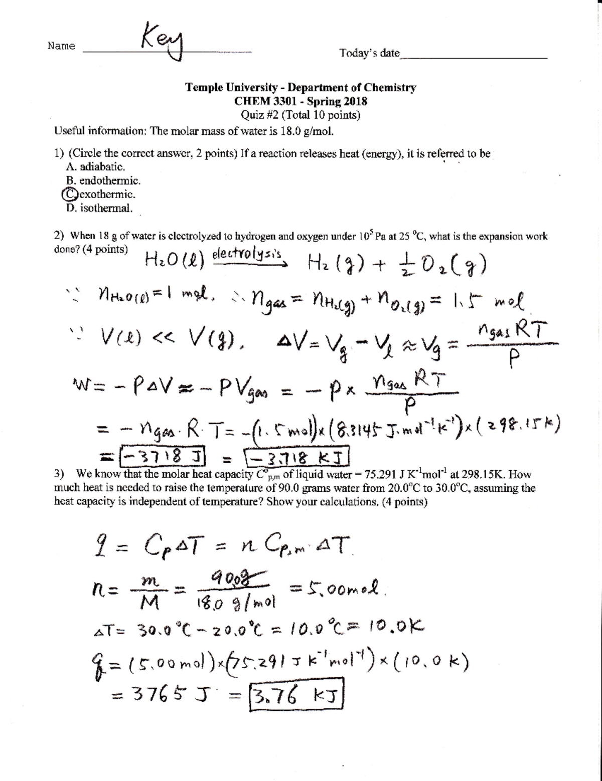 CHEM3301 Quiz #2 Solutions Spring 2018 - Name r date Temple University ...