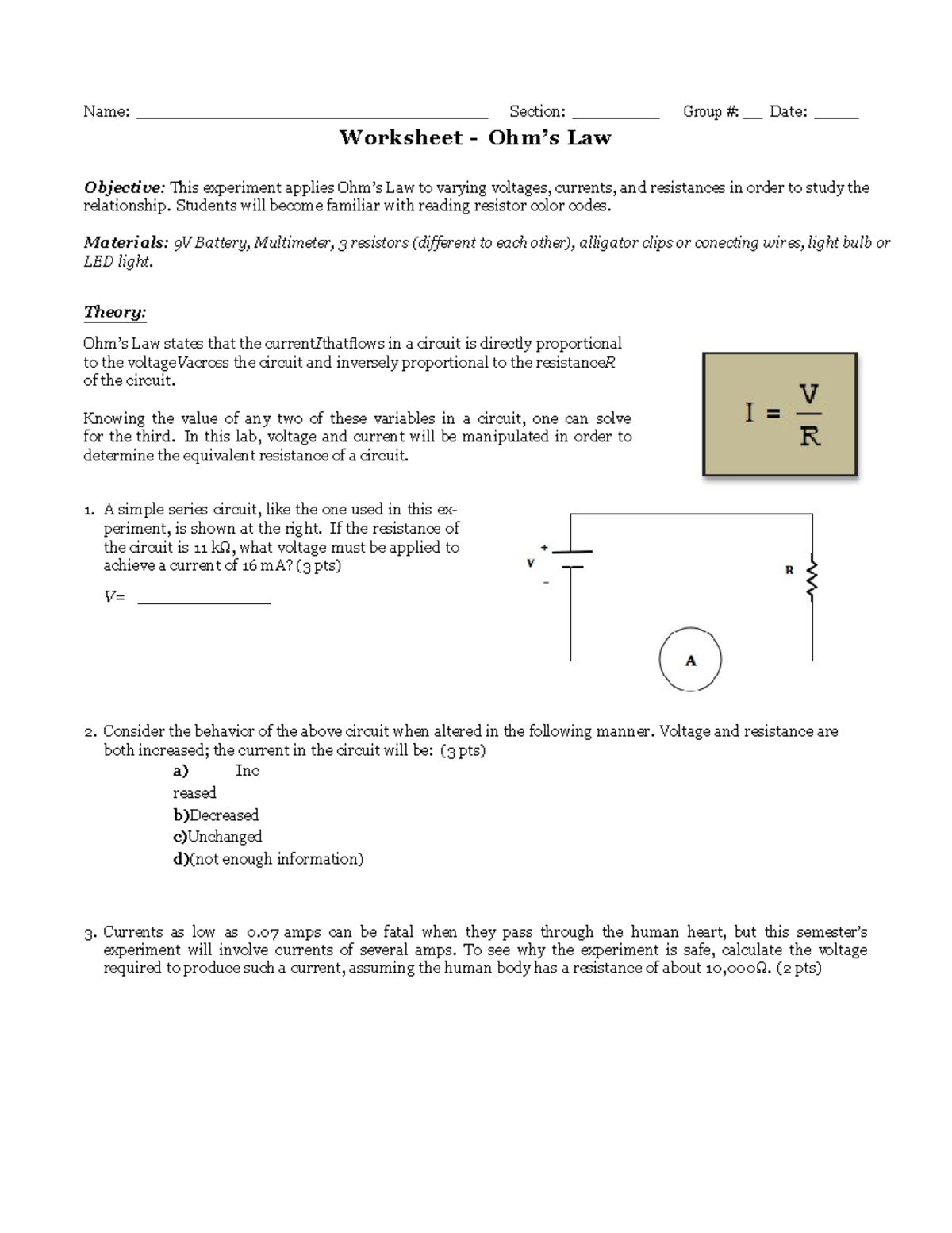 LW3-OHMS-LAW - sdsadsa - Name: Section: Group #: __ Date: Worksheet ...
