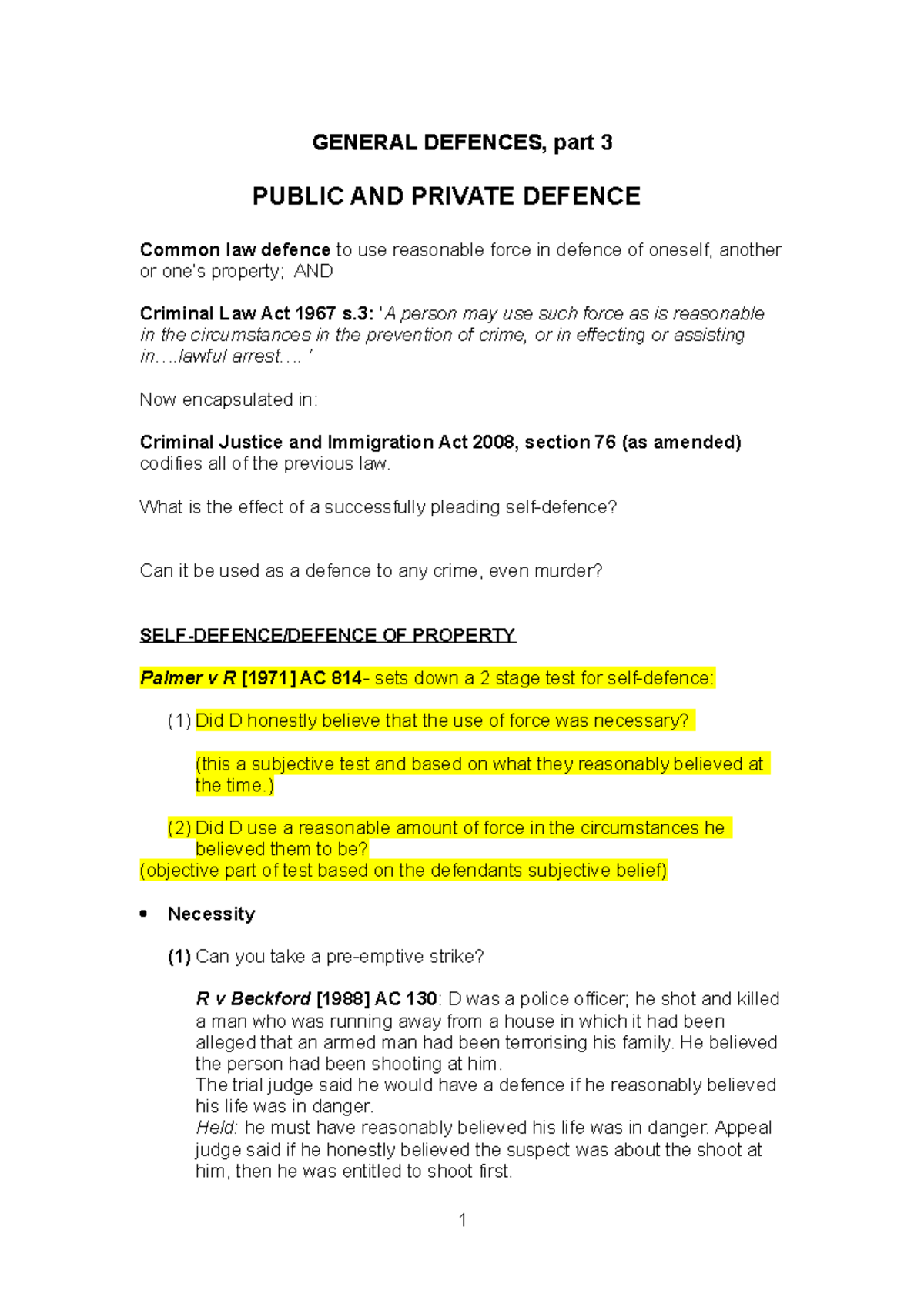 Lecture 10 - Self Defence, Duress etc outline - GENERAL DEFENCES, part ...