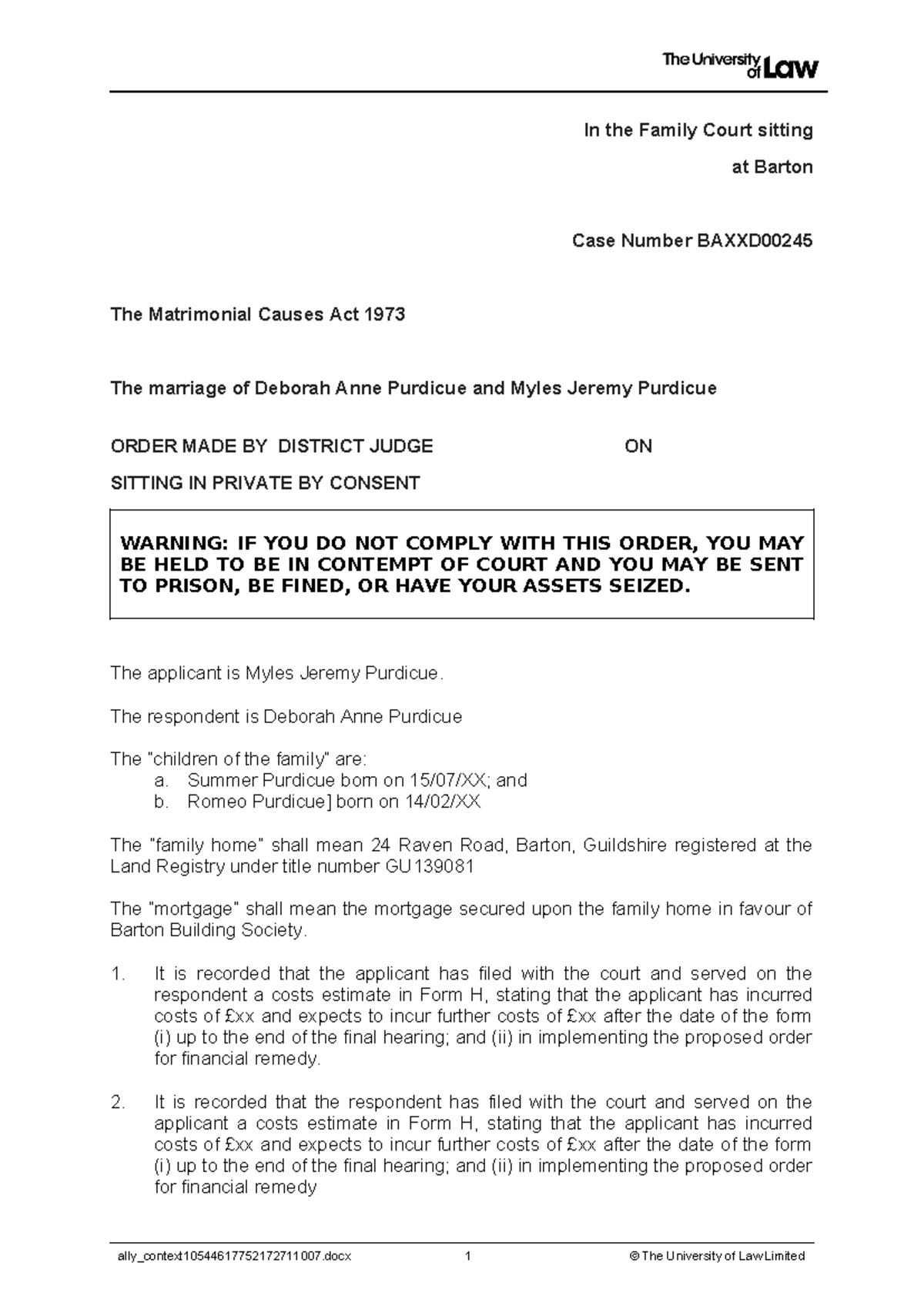 Example of consent order - In the Family Court sitting at Barton Case ...