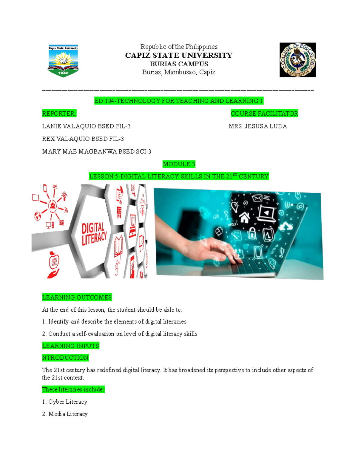 Ed 104 digital handouts - Republic of the Philippines CAPIZ STATE ...