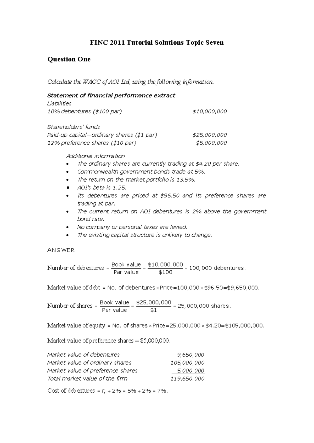 + Topic 7 FINC 2011 Tutorial Solutions - FINC 2011 Tutorial Solutions Topic Seven Question One ...