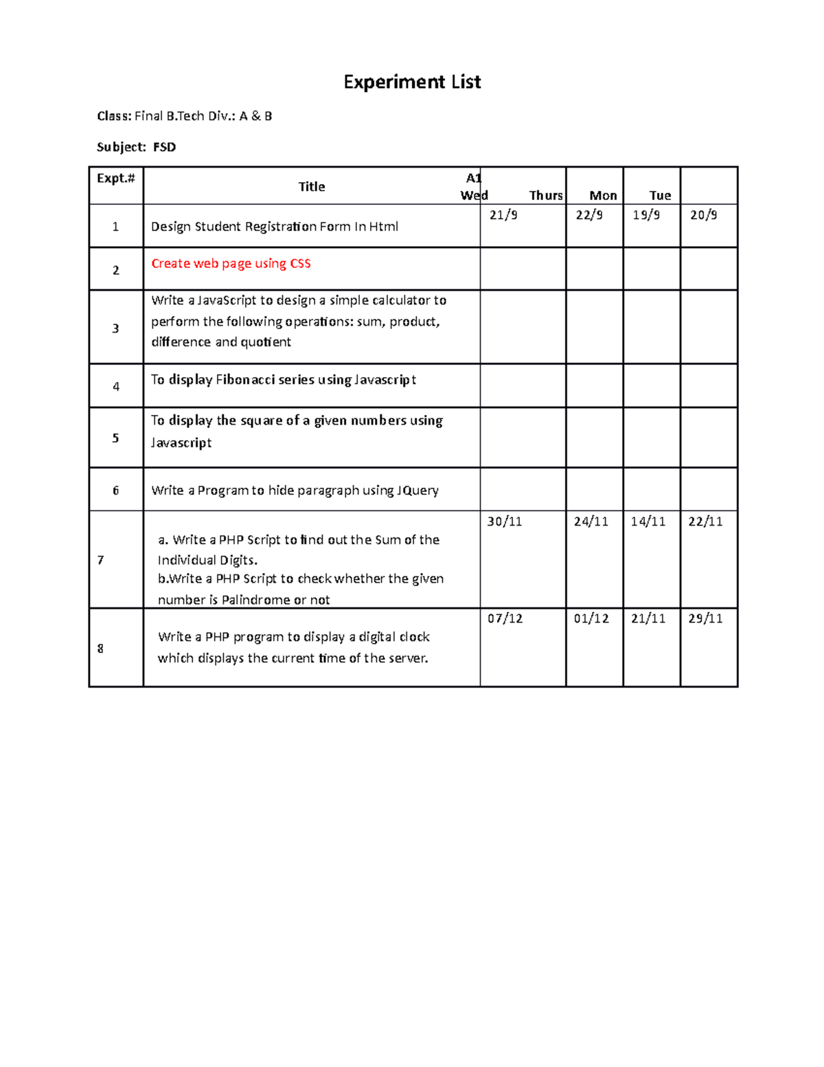 FSD Practical List - Experiment List Class: Final B Div.: A & B Subject ...
