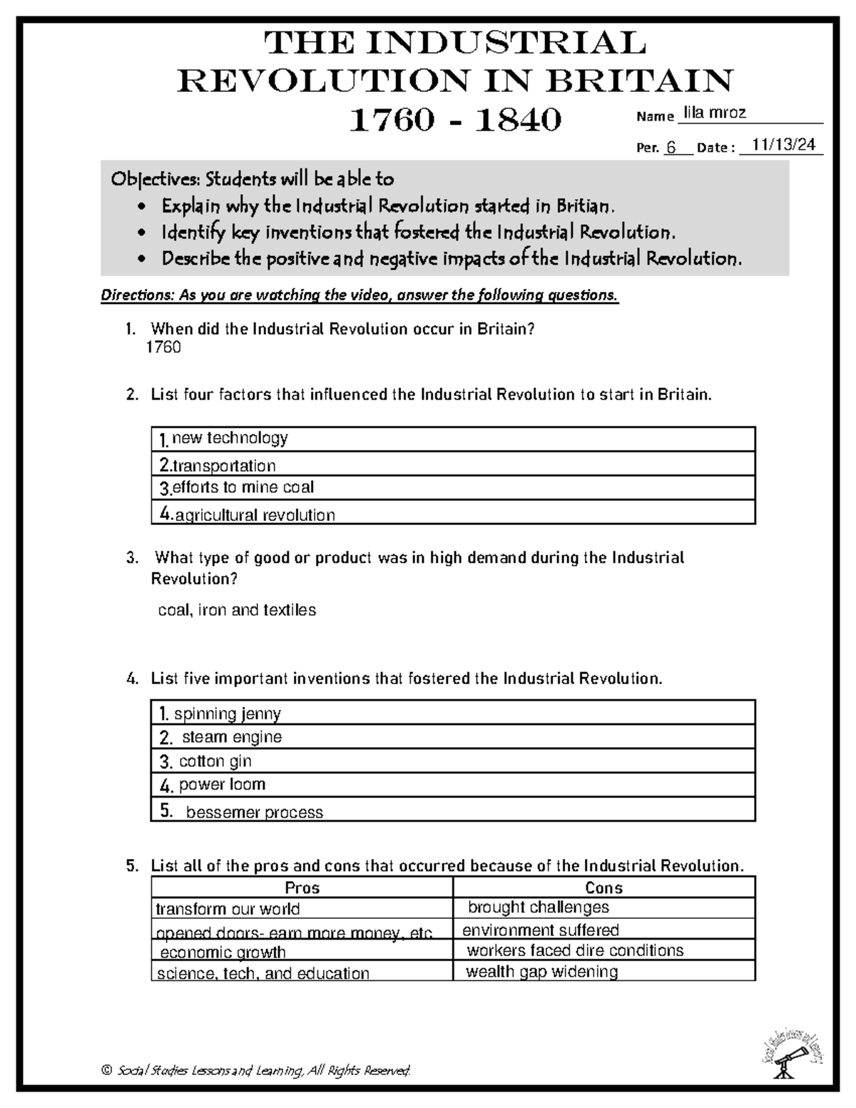 Video Questions Industrial Revolution in Britain - © Social Studies ...