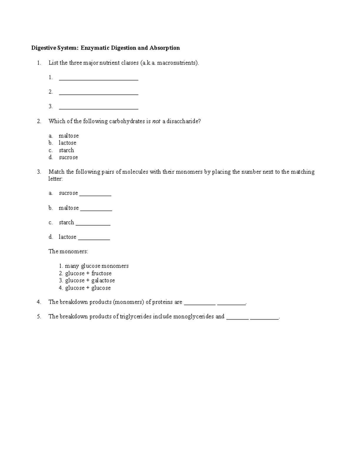 Digestive IP Enzymatic Digestion and Absorption Worksheet - Digestive ...