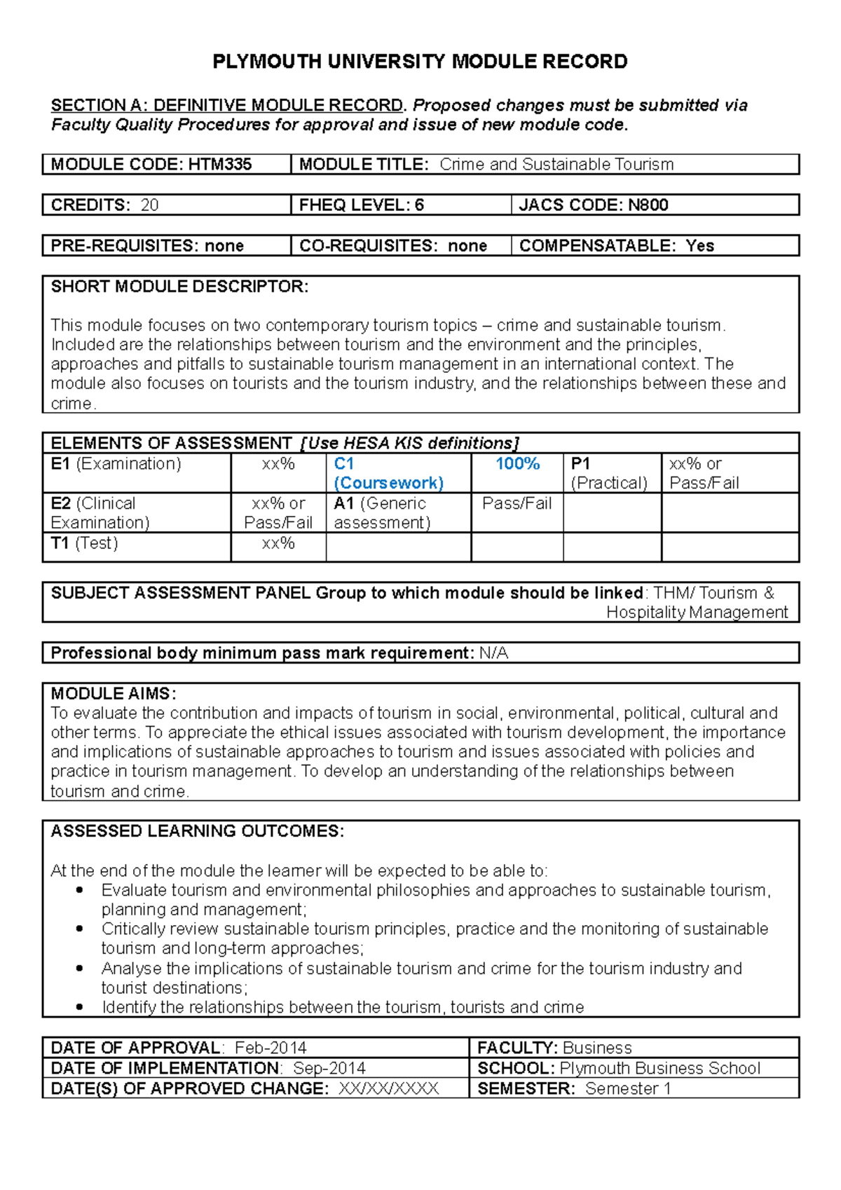 HTM335 (17-18) - PLYMOUTH UNIVERSITY MODULE RECORD SECTION A ...