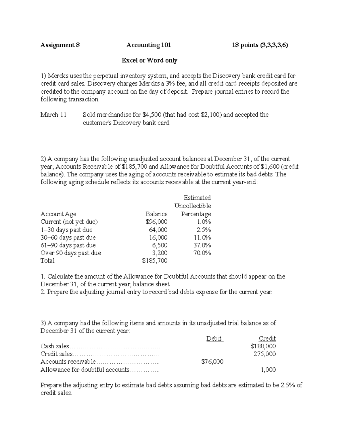Assignment 8 - Receivables - Questions - Assignment 8 Accounting 101 18 ...