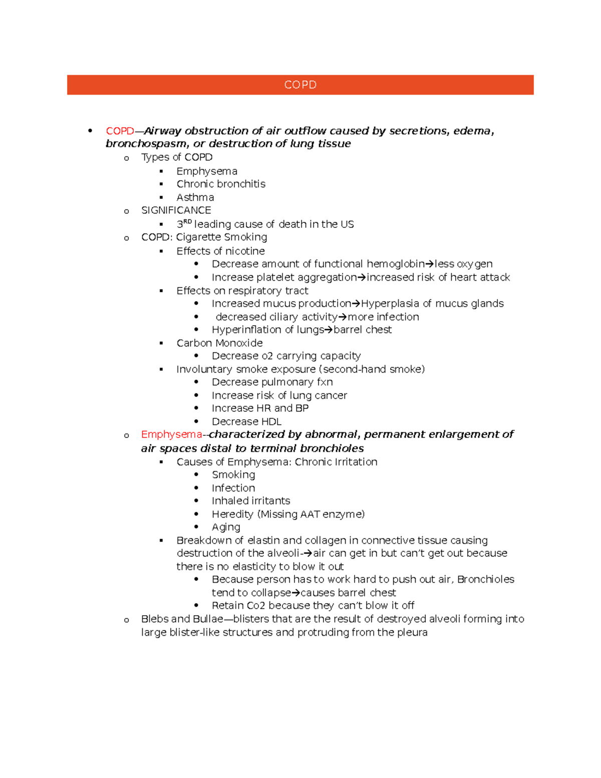 COPD - COPD notes for Exam 2. Class taught by G. Altmiller - COPD COPD ...